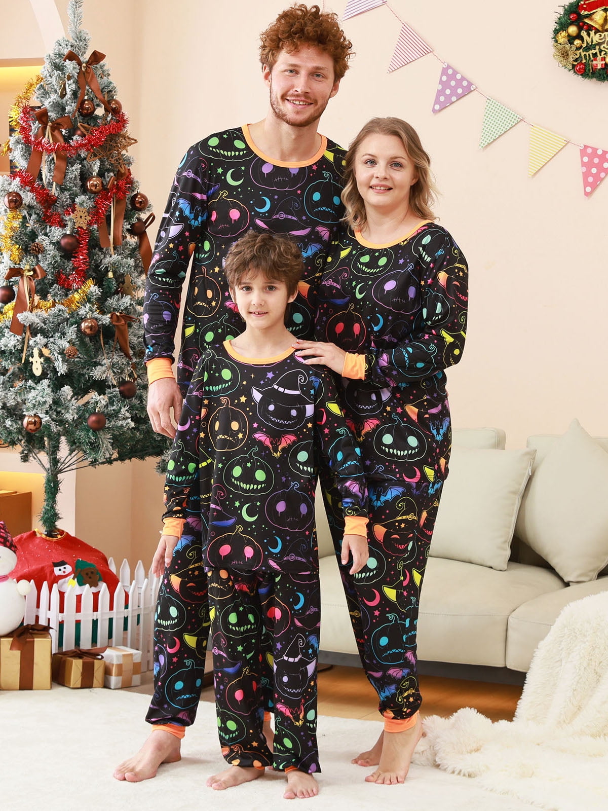 DAKIMOE Halloween Pajamas Family Matching Set Holiday Print Long Sleeve ...