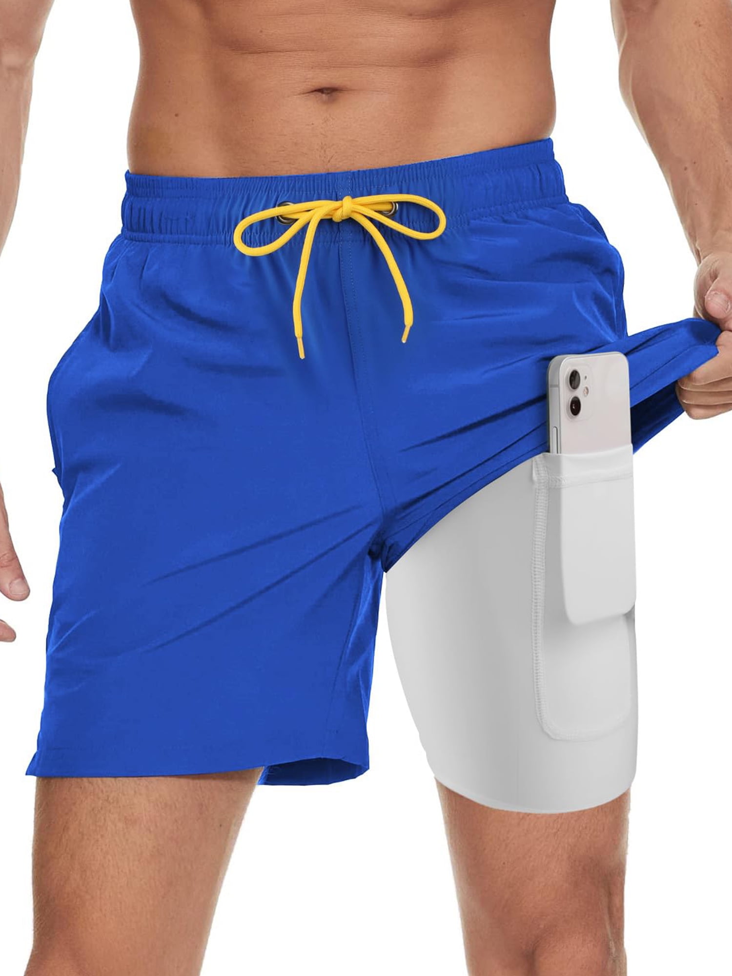 DAKIMOE Mens Swim Trunks, Bright Blue, Quick-Dry 2-in-1 Shorts with ...