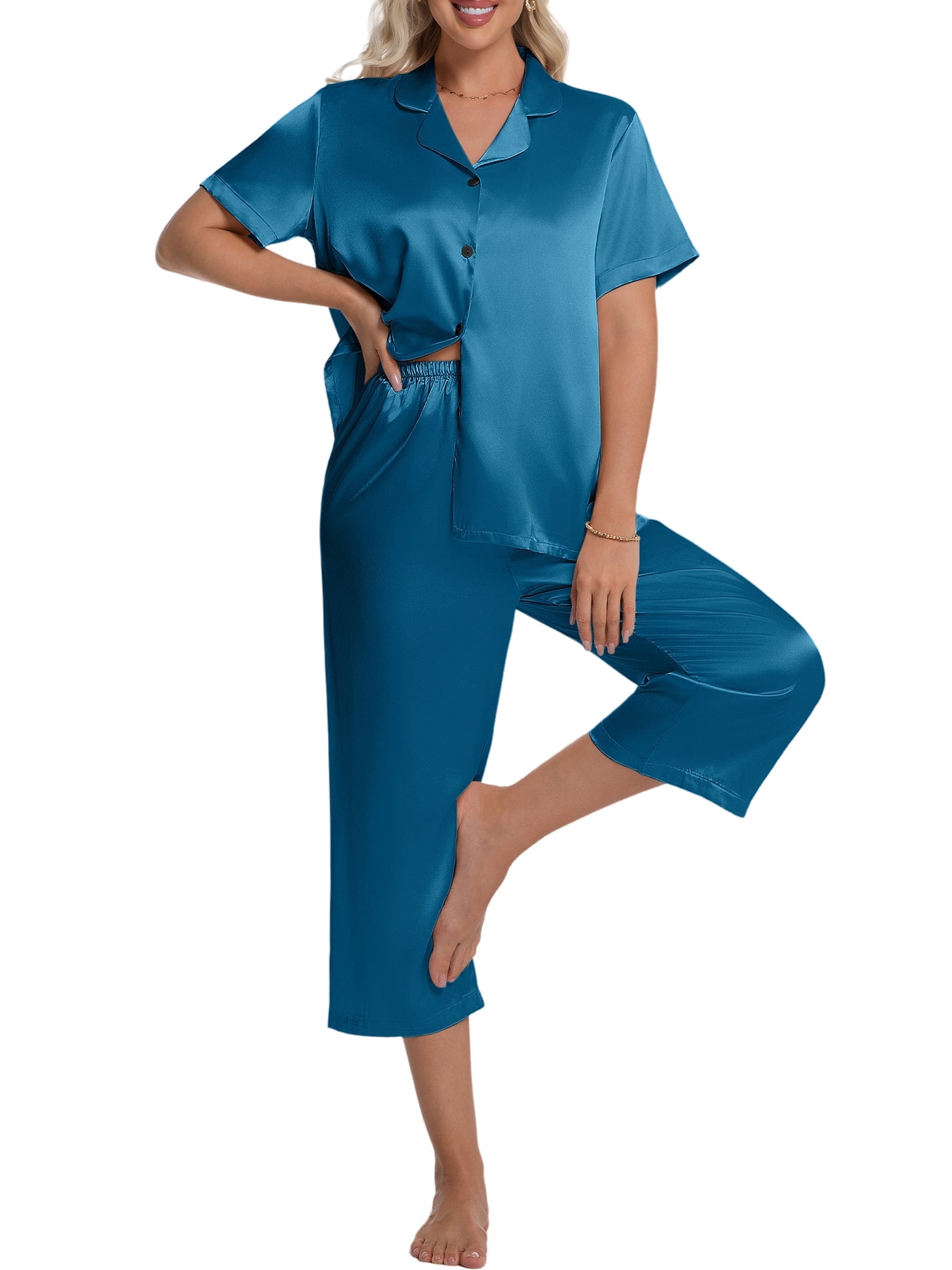 DAKIMOE Silk Satin Pajama Set for Women, Short Sleeve, Button Down, Two ...