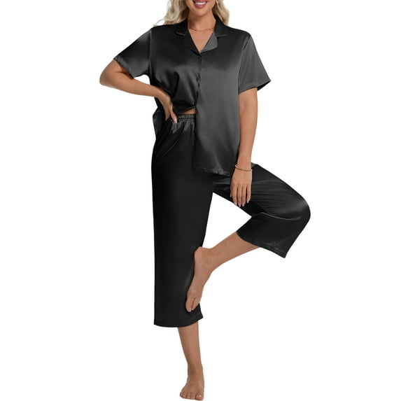 DAKIMOE Silk Satin Pajama Set for Women Capri Pajamas Short Sleeve Button Down Two Piece Pjs ...