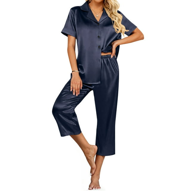 DAKIMOE Silk Satin Pajama Set for Women Capri Pajamas Short Sleeve ...