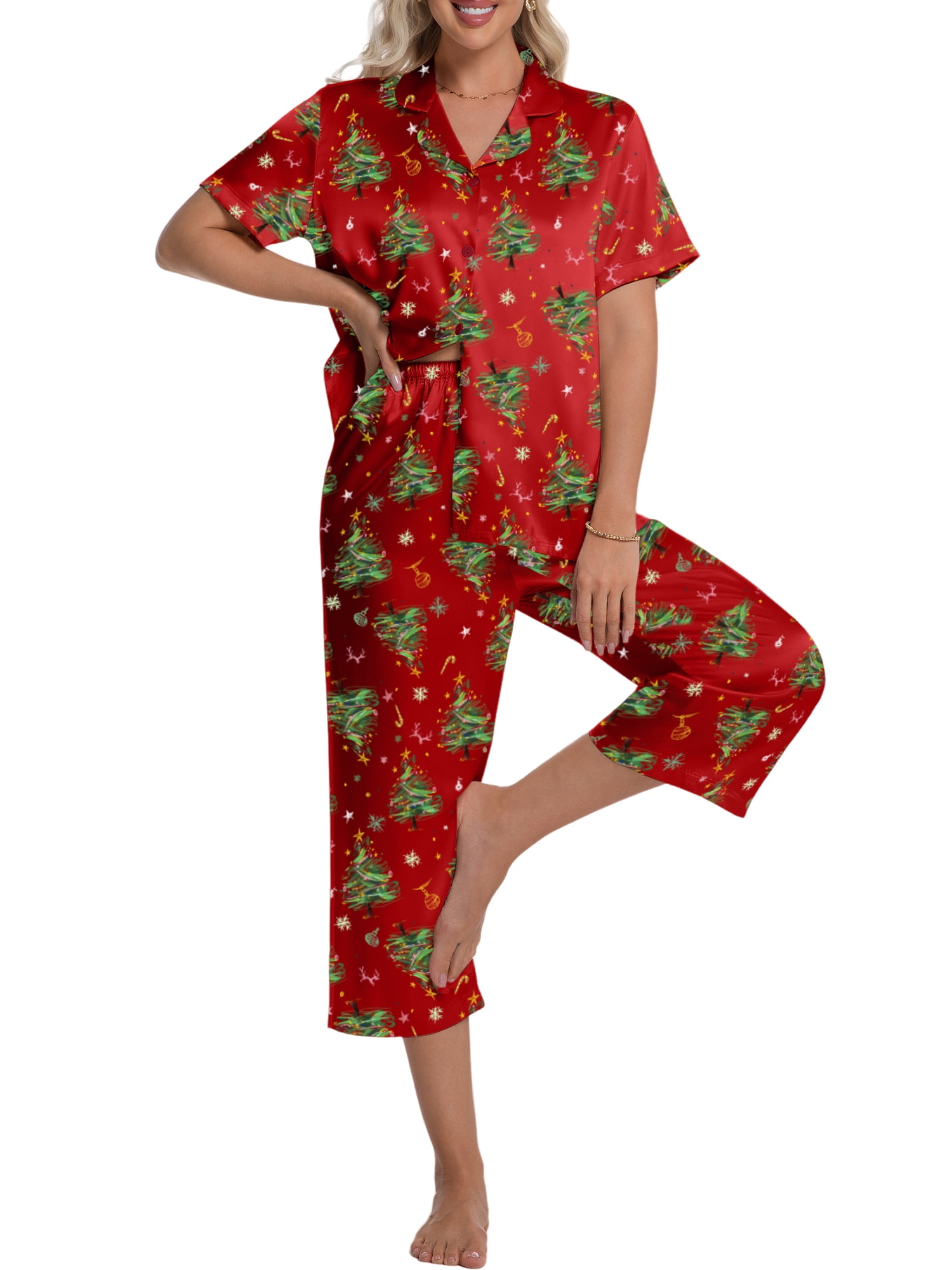 DAKIMOE Silk Satin Pajama Set for Women Capri Pajamas Short Sleeve ...