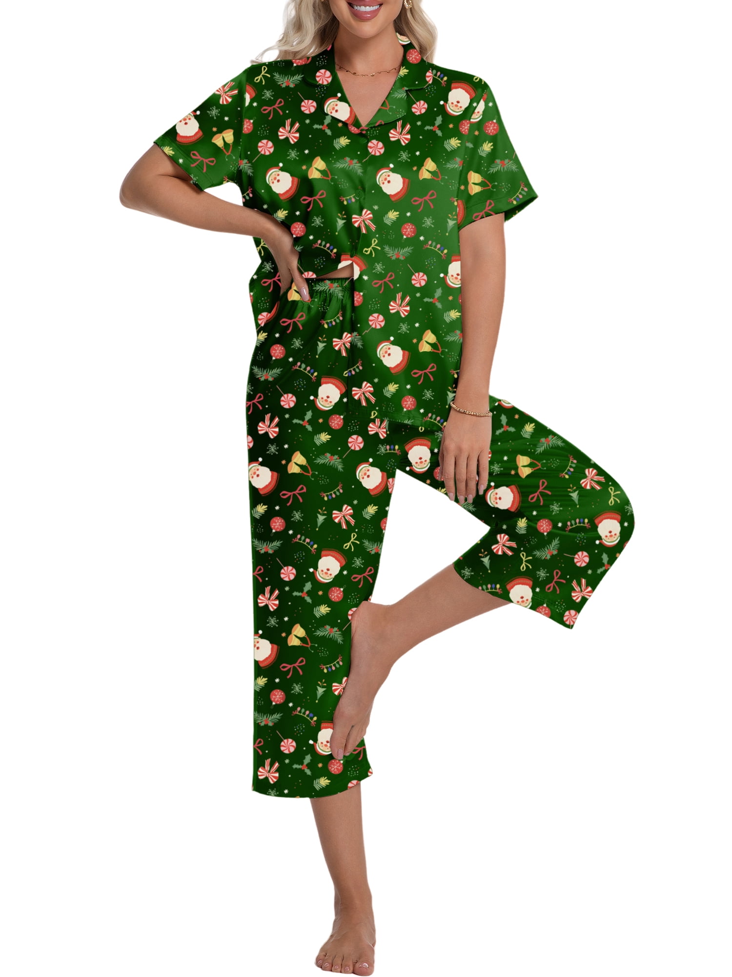 DAKIMOE Silk Satin Pajama Set for Women Capri Pajamas Short Sleeve ...