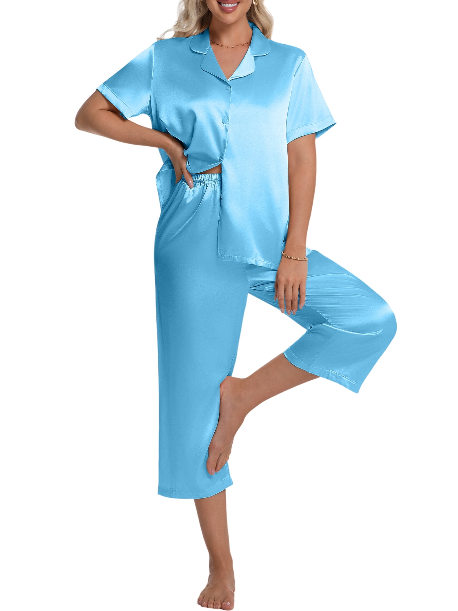 DAKIMOE Silk Satin Pajama Set for Women Capri Pajamas Short Sleeve ...