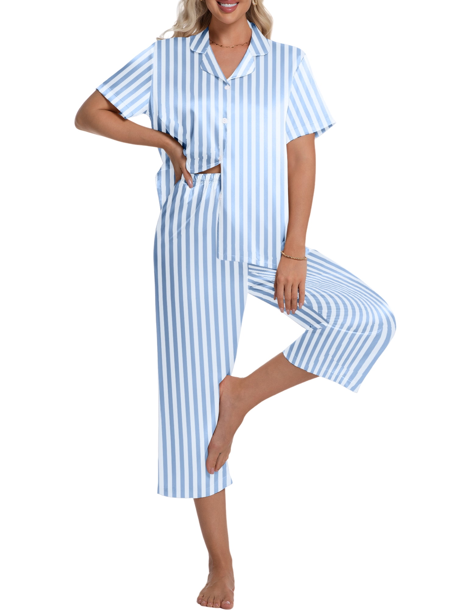 DAKIMOE Silk Satin Pajama Set for Women Capri Pajamas Short Sleeve ...