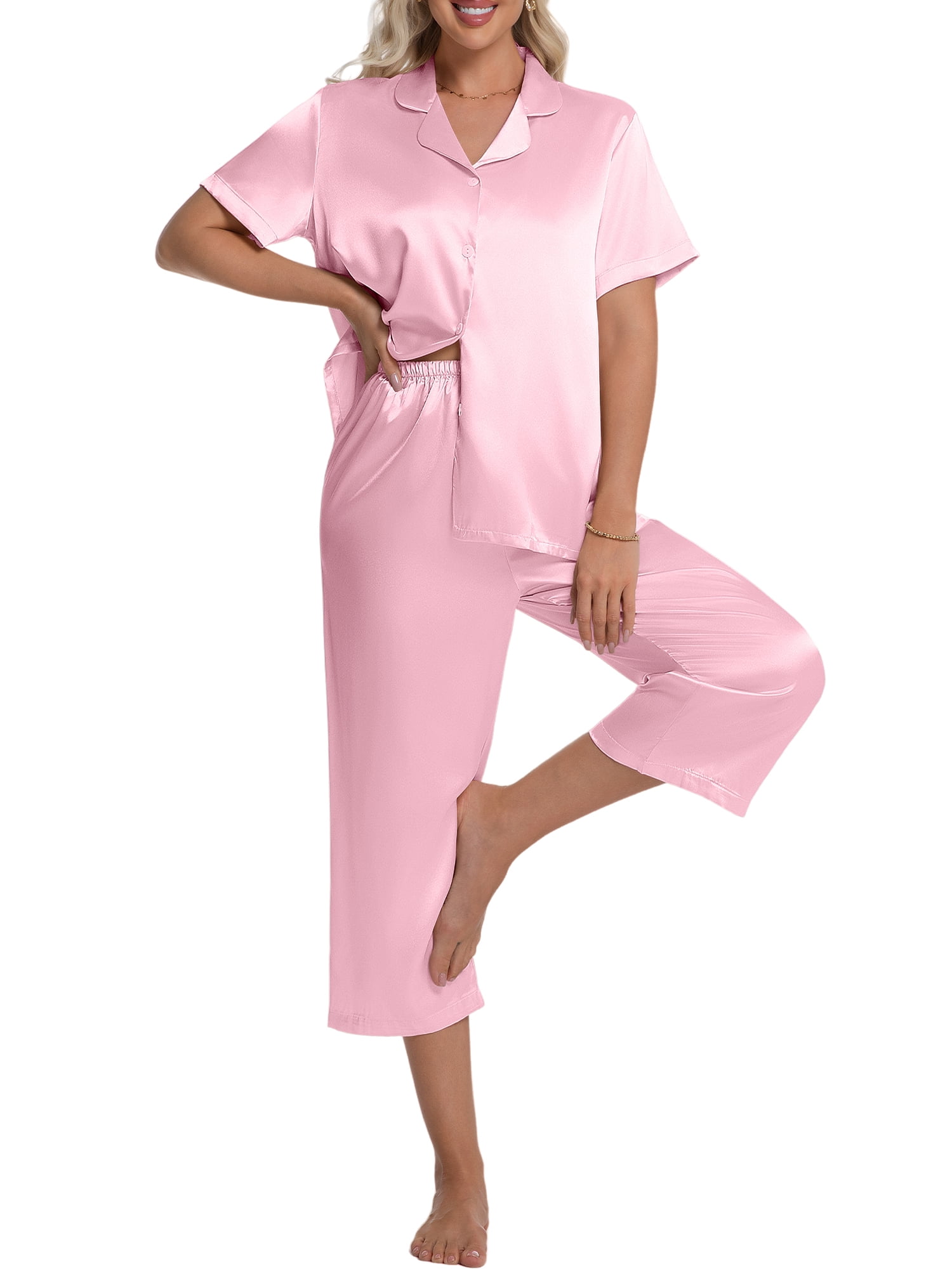 DAKIMOE Silk Satin Pajama Set for Women Capri Pajamas Short Sleeve ...