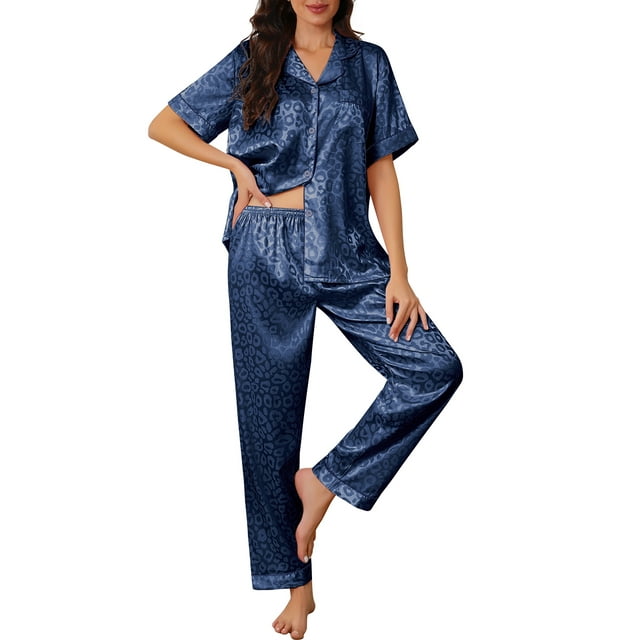 DAKIMOE Silk Satin Pajama Set for Women Short Sleeve Two Piece Button Down Pjs Sleepwear Soft ...