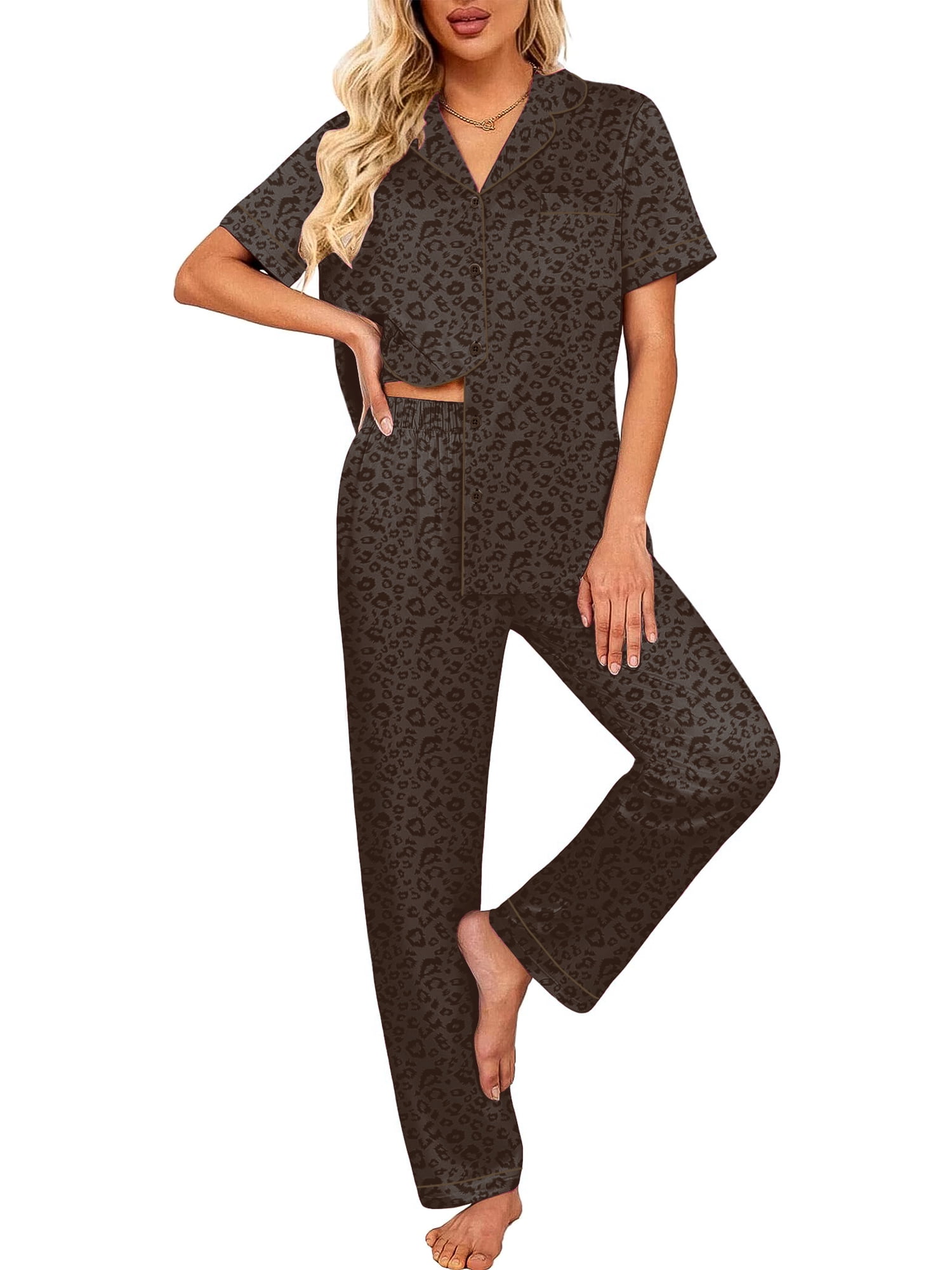 DAKIMOE Silk Satin Pajama Set for Women Leopard Print Two Piece Short ...