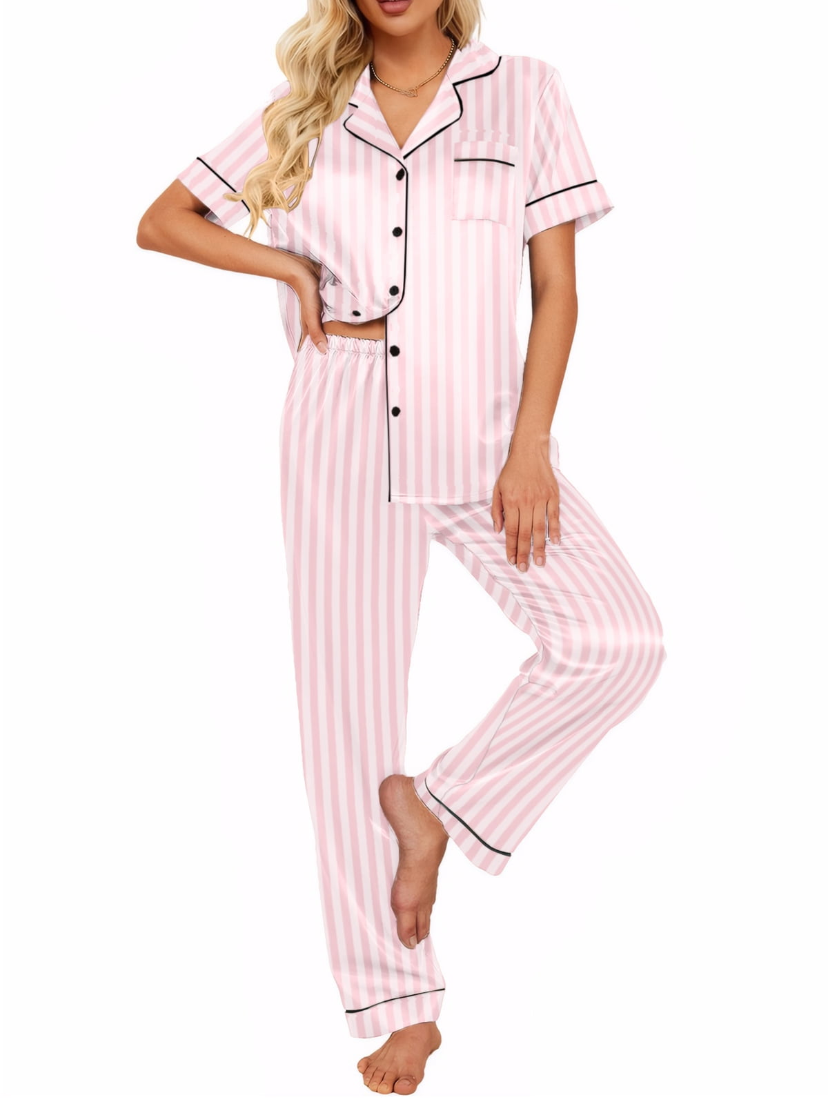 DAKIMOE Silk Satin Pajama Set for Women, Two-Piece Short Sleeve Shirt ...