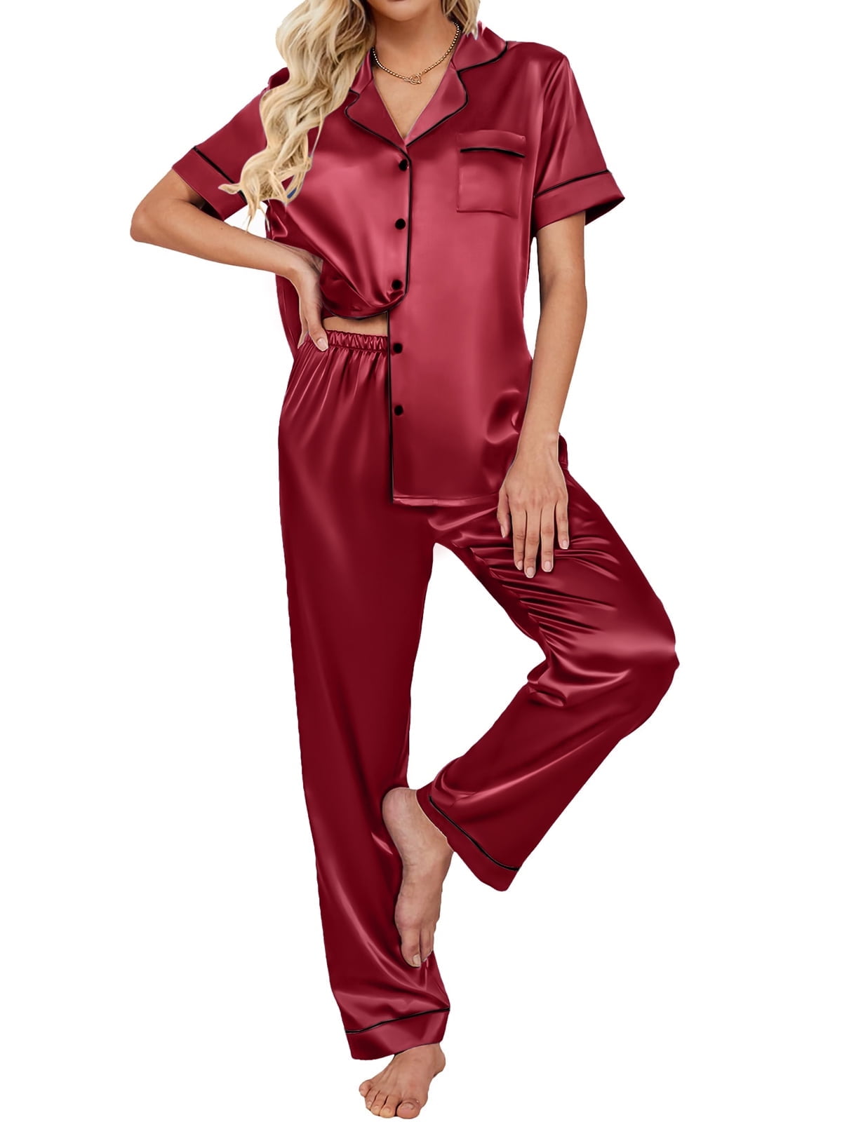 DAKIMOE Silk Satin Pajamas Set for Women Two-Piece Short Sleeve Shirt ...