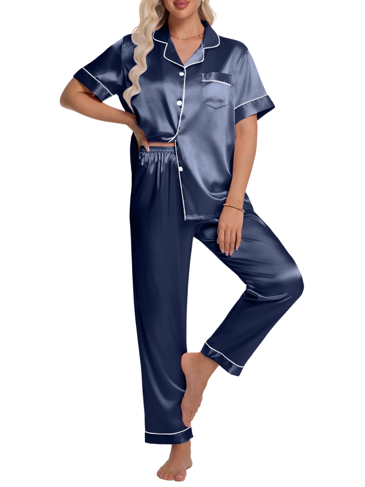 DAKIMOE Silk Satin Pajamas Set for Women Two-Piece Short Sleeve Shirt ...