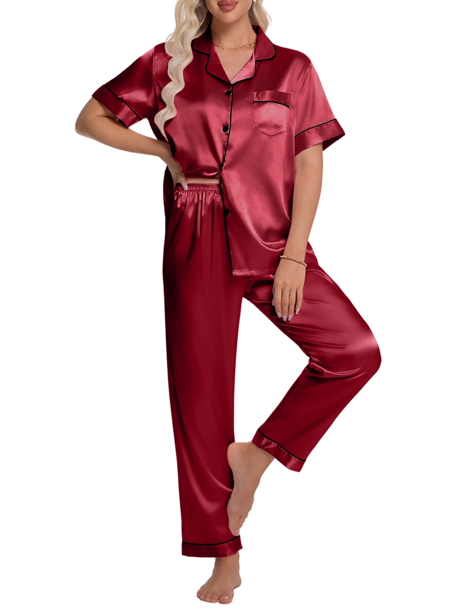 DAKIMOE Silk Satin Pajama Set for Women, Short Sleeve Button Down Shirt ...