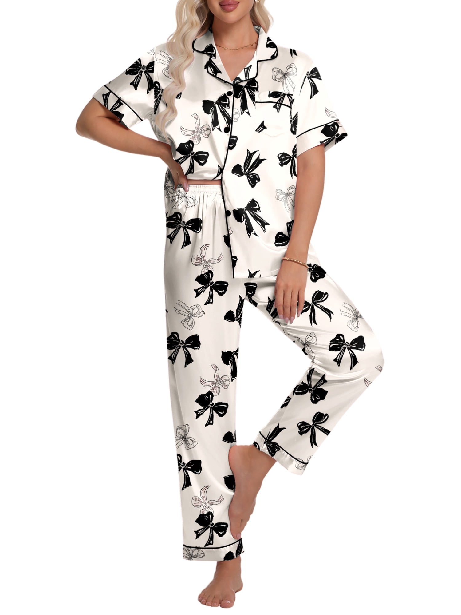 DAKIMOE Silk Satin Pajamas Set for Women Two-Piece Short Sleeve Shirt ...