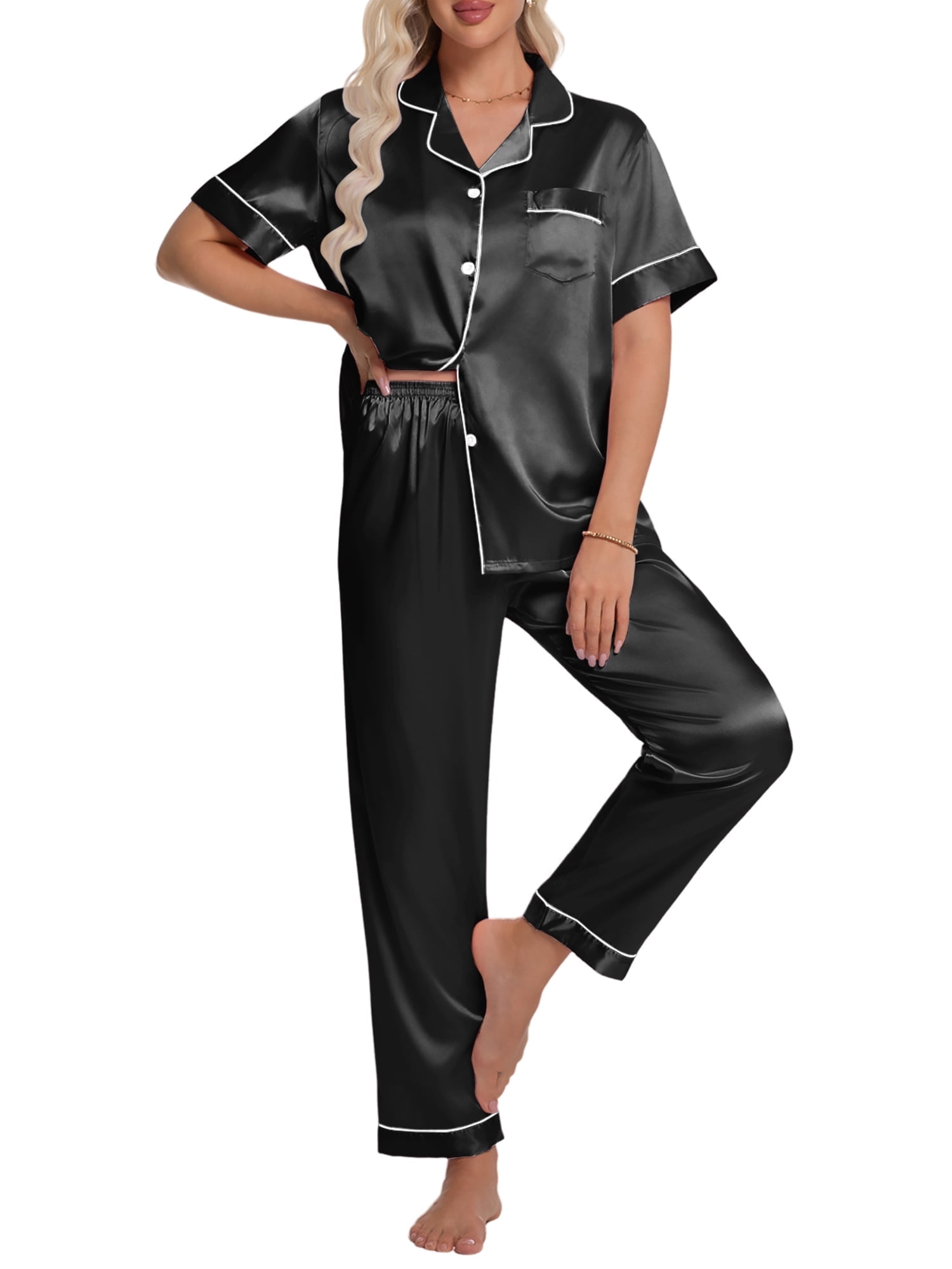 DAKIMOE Silk Satin Pajama Set for Women, Short Sleeve Shirt, Long Pants ...