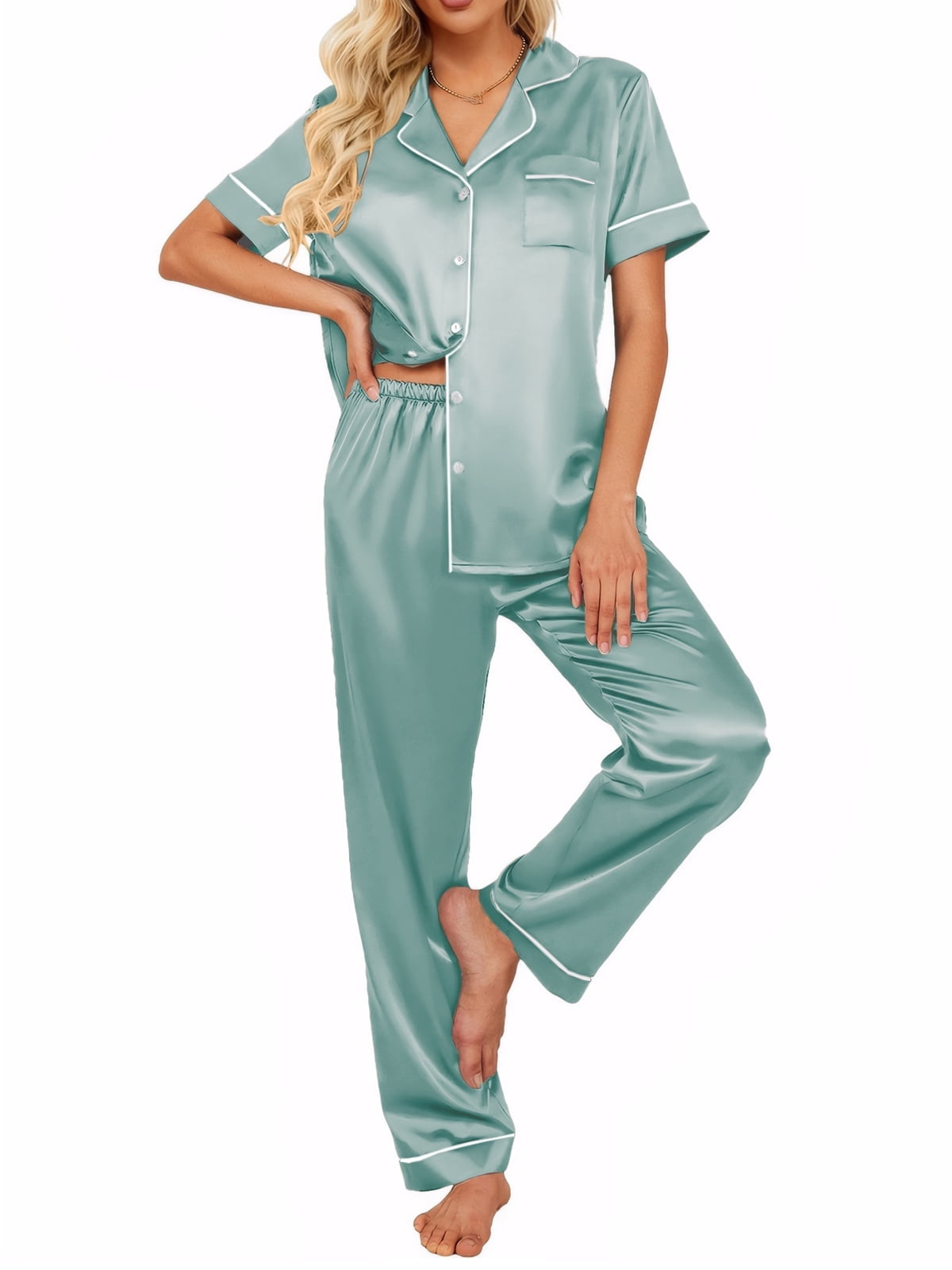 DAKIMOE Silk Satin Pajamas Set for Women Two-Piece Short Sleeve Shirt with Long Pajama Pant Set ...