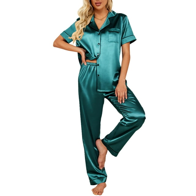 DAKIMOE Silk Satin Pajamas Set for Women Two-Piece Short Sleeve Shirt ...