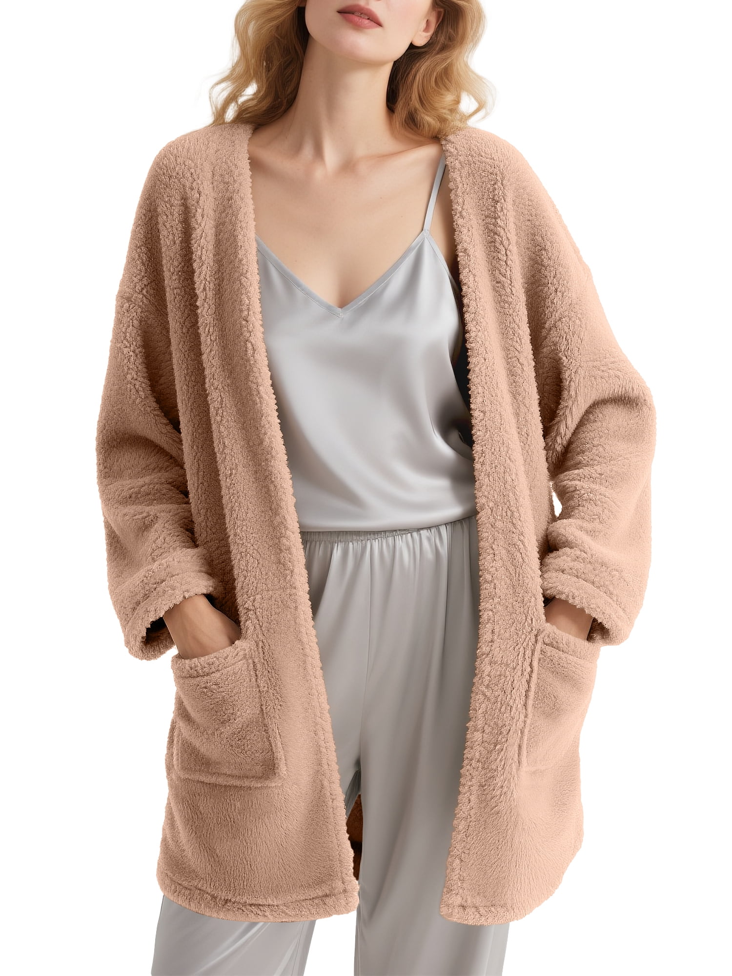 DAKIMOE Sleep Cardigans Robe Bed Jackets for Women Cozy Sherpa Coat ...