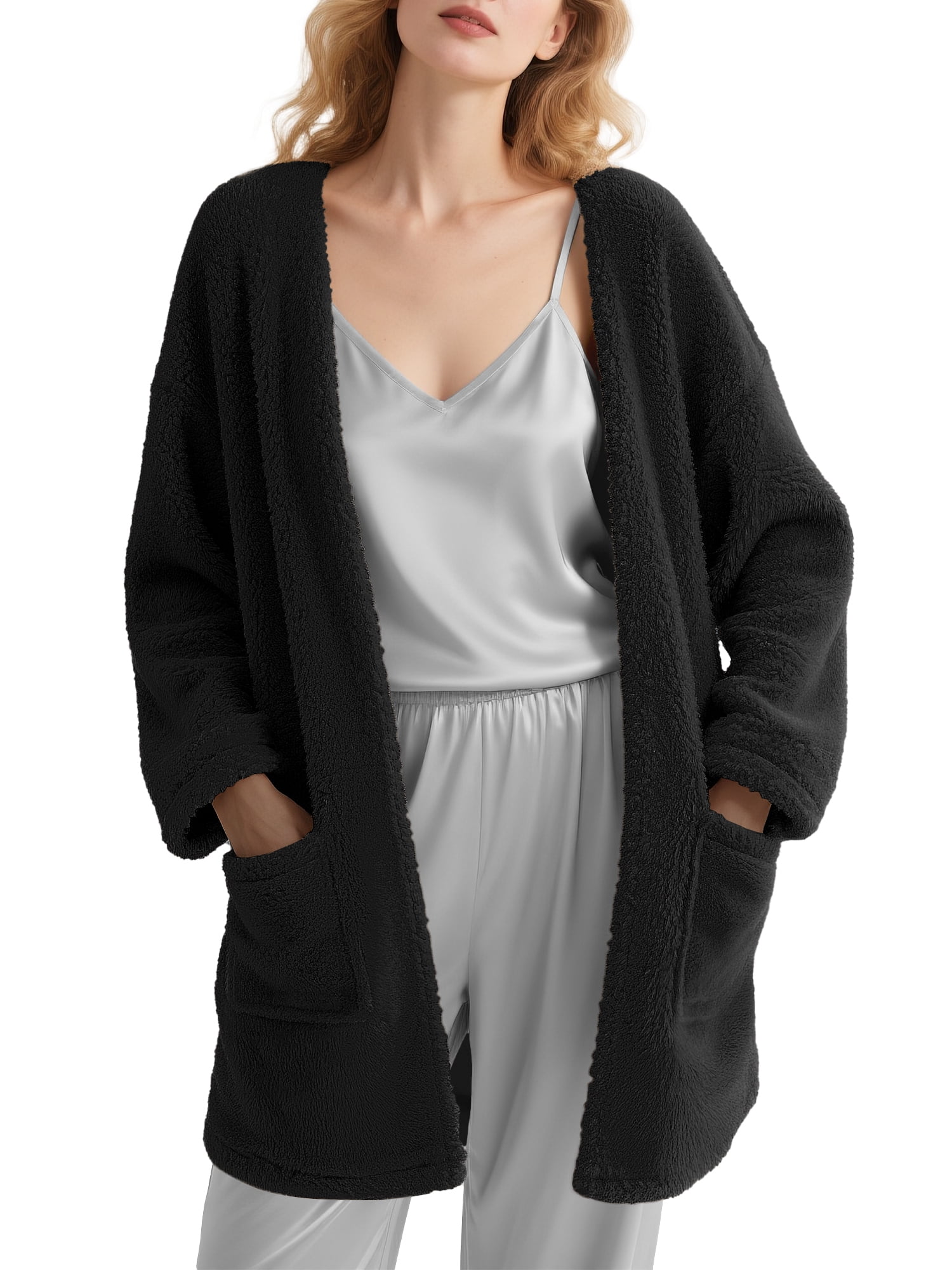 DAKIMOE Sleep Cardigans Robe Bed Jackets for Women Cozy Sherpa Coat ...