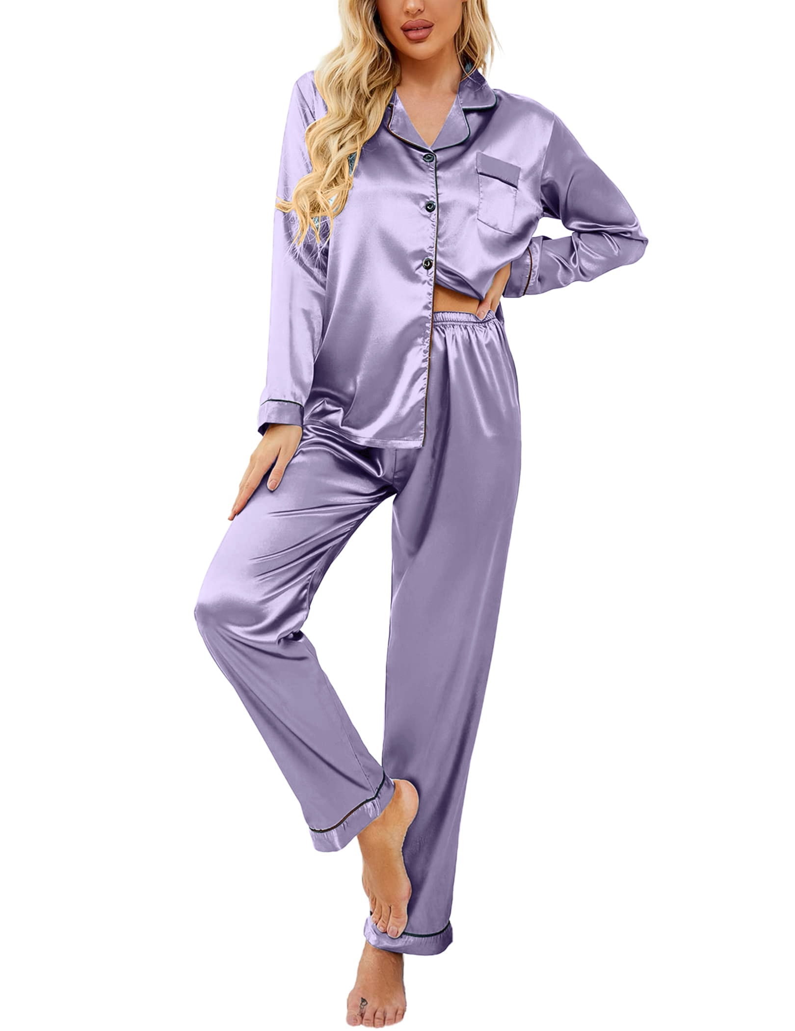 DAKIMOE Sleepwear Womens Silky Satin Pajamas Set Long Sleeve Nightwear ...