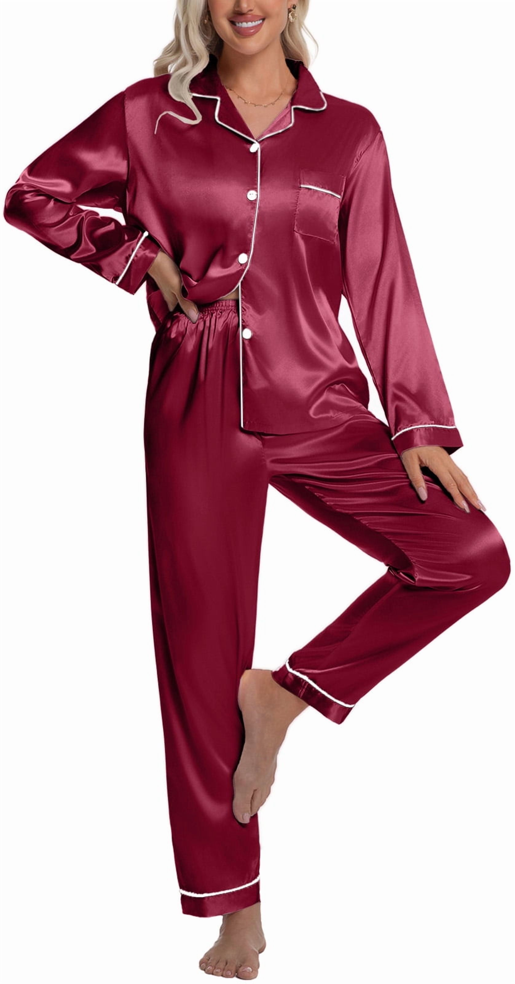 DAKIMOE Sleepwear Womens Silky Satin Pajamas Set Long Sleeve Nightwear ...