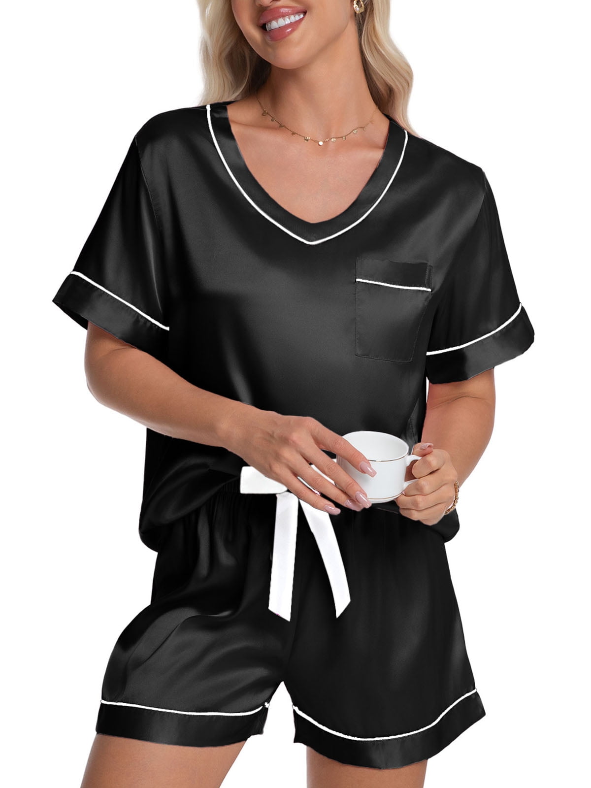 DAKIMOE Womens Pajama Set Silk Satin Pajamas Short Sleeve Sleepwear ...