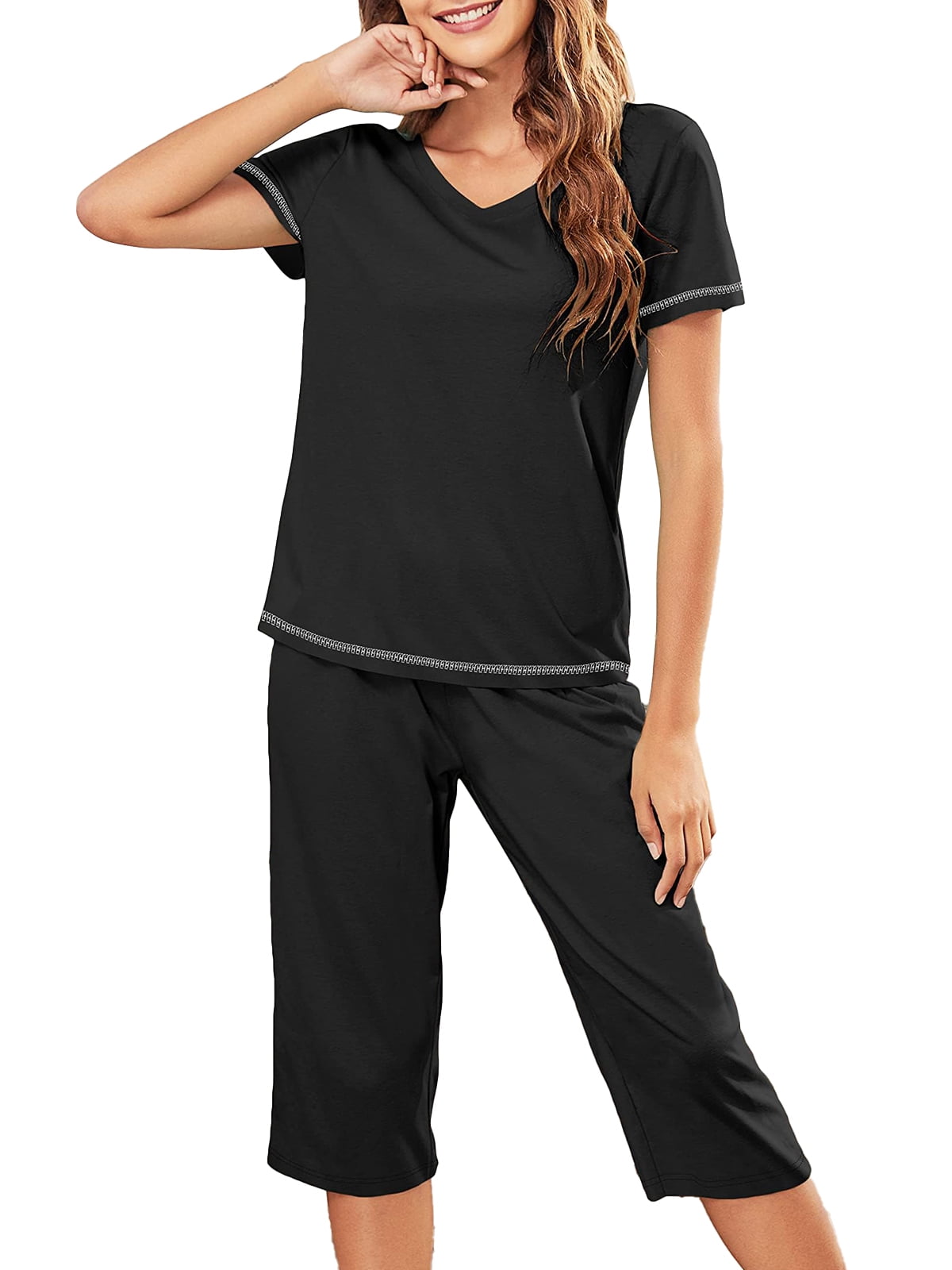 DAKIMOE Womens Pajama Sets Capri Sleepwear Short Sleeve Two-Piece Pjs V Neck Tops & Capri Pants ...