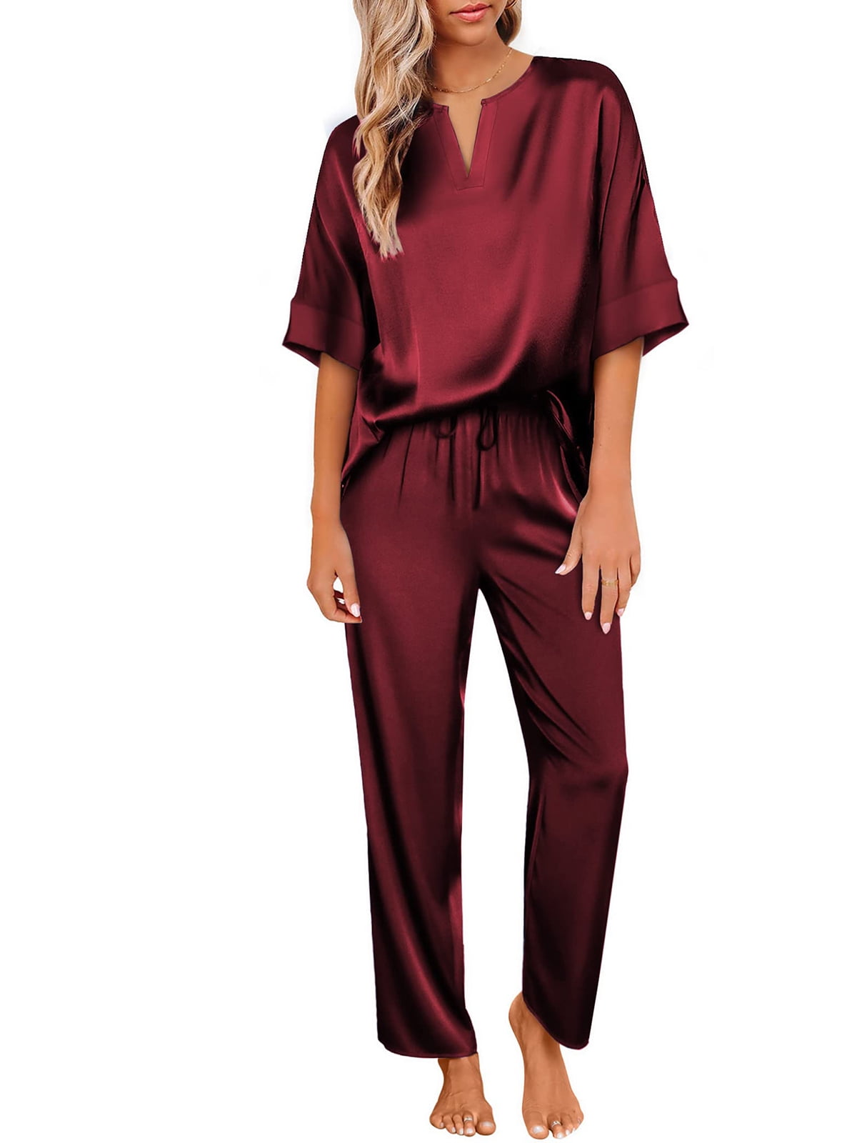 DAKIMOE Womens Silk Satin Pajama Sets Short Sleeve Pjs V Neck Pajamas ...