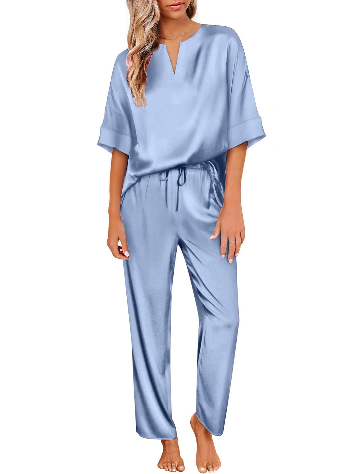 DAKIMOE Womens Silk Satin Pajama Sets Short Sleeve Pjs V Neck Pajamas ...