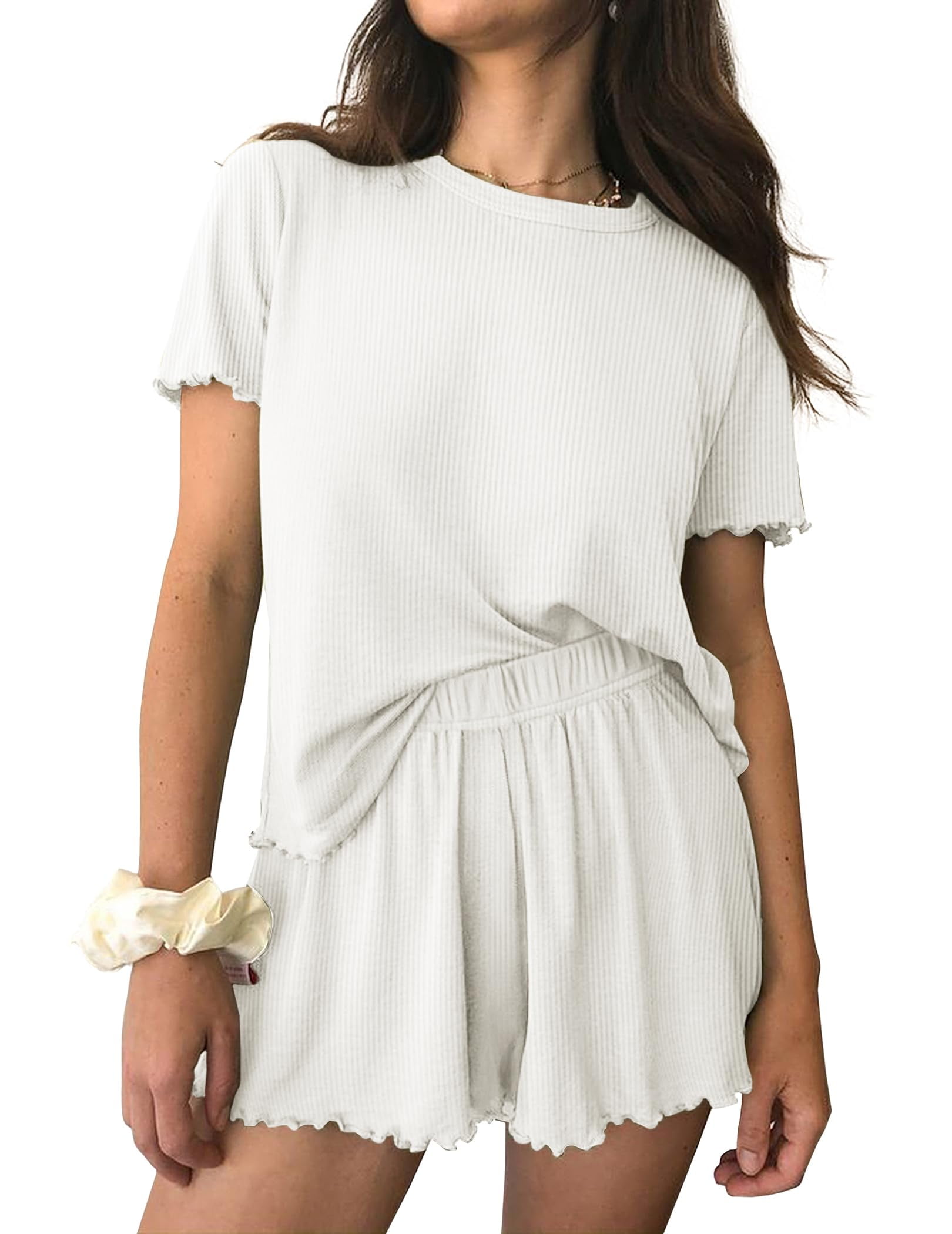 DAKIMOE Womens Pajamas Set, 2 Piece Ribbed Knit Pjs Short Sleeve ...