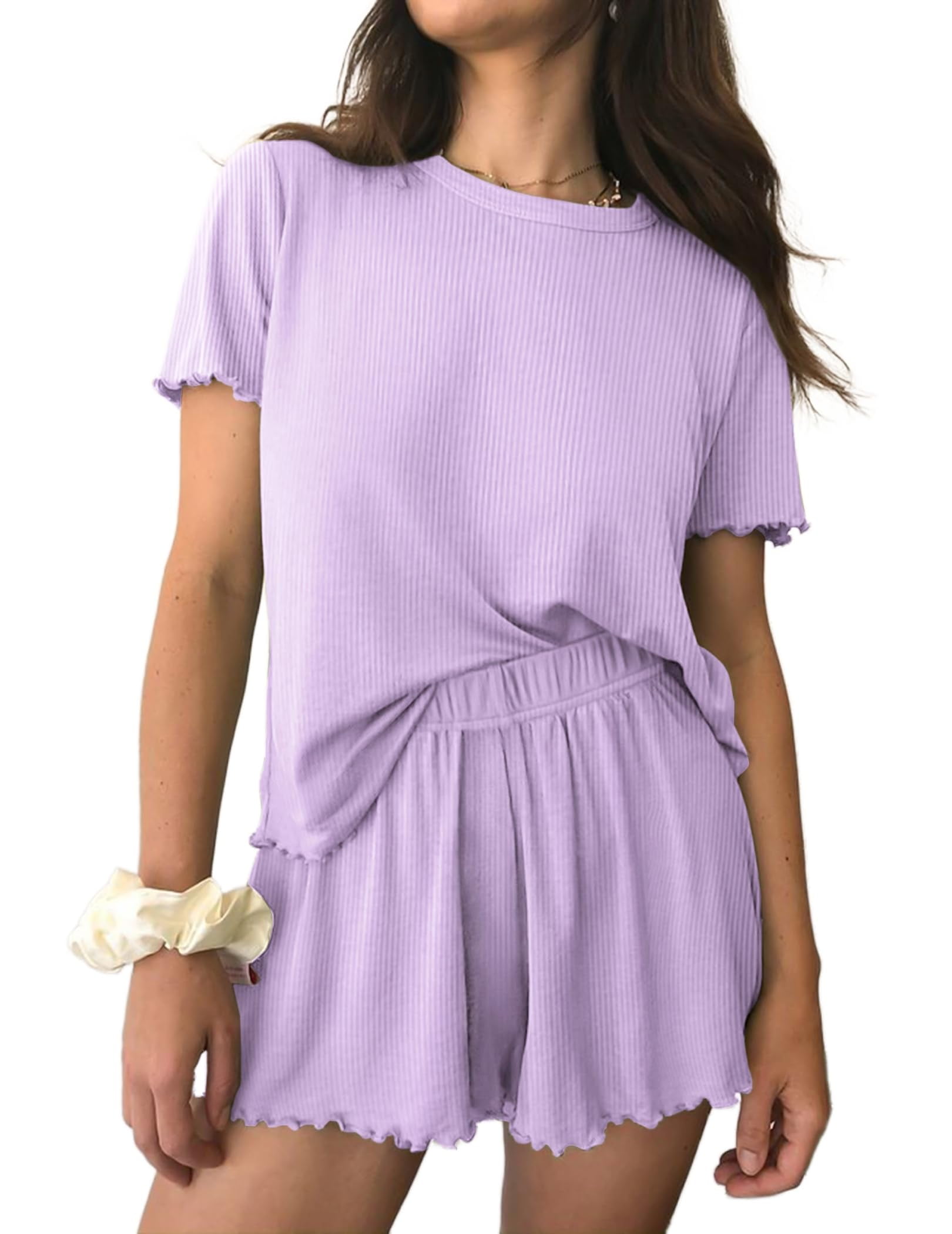 DAKIMOE Womens Pajamas Set, 2 Piece Ribbed Knit Pjs Short Sleeve ...