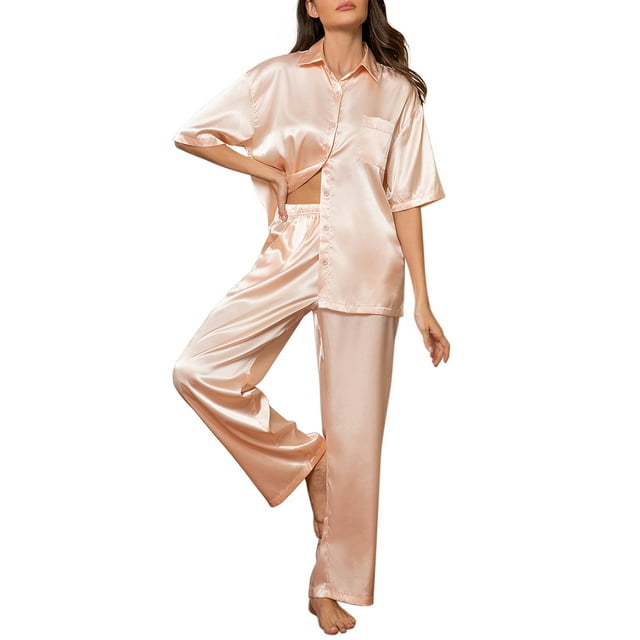 DAKIMOE Womens Satin Silk Pajama Sets Short Sleeve Button Down Pajamas ...
