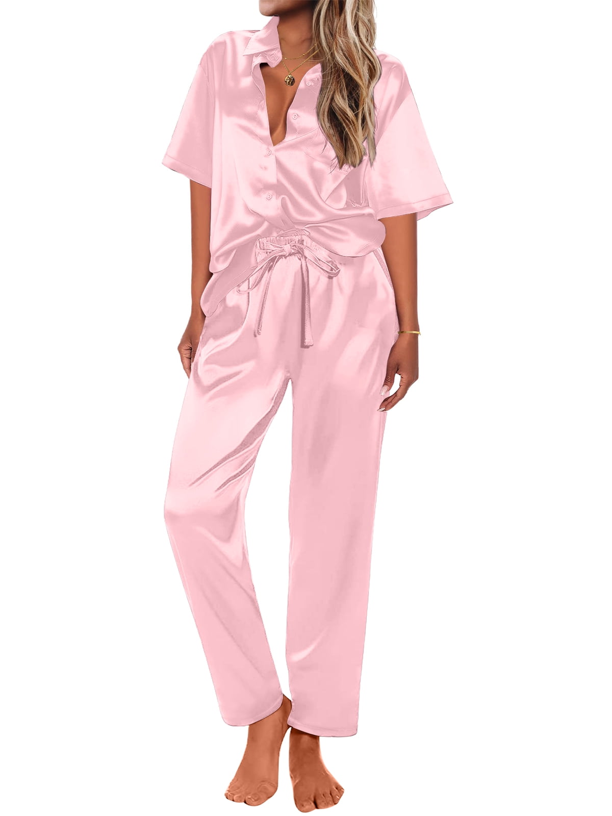 DAKIMOE Womens Satin Silk Pajama Sets Short Sleeve Button Down Pajamas ...