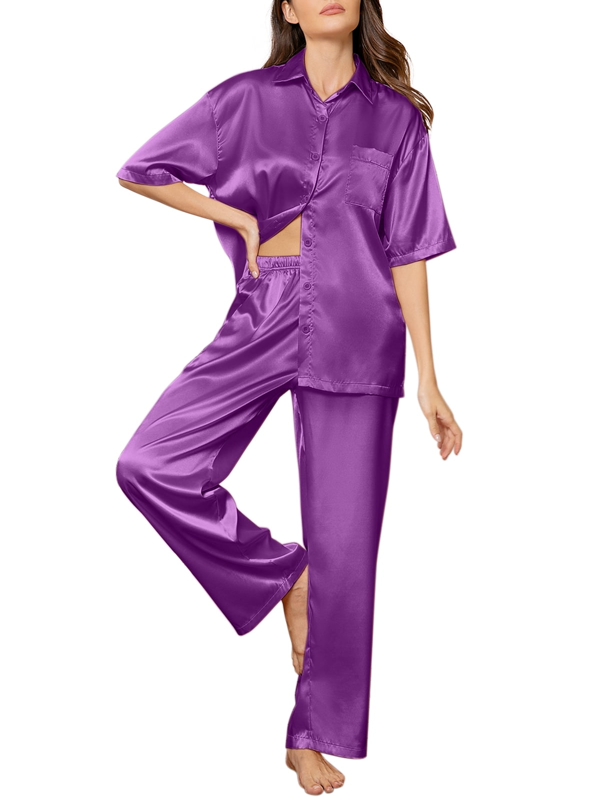 DAKIMOE Womens Satin Silk Pajama Sets Short Sleeve Button Down Pajamas ...