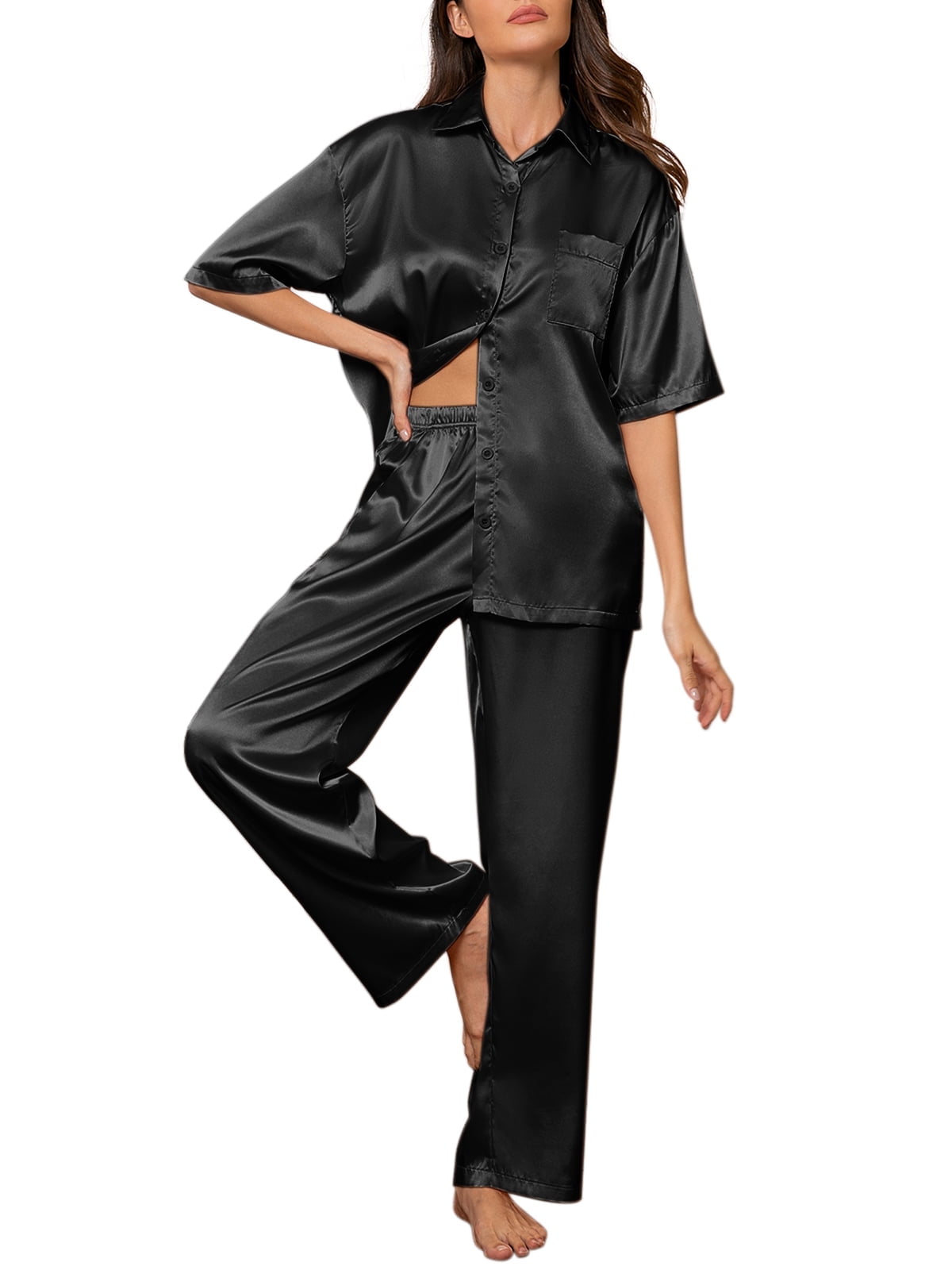 DAKIMOE Womens Satin Silk Pajama Sets Short Sleeve Button Down Pajamas ...