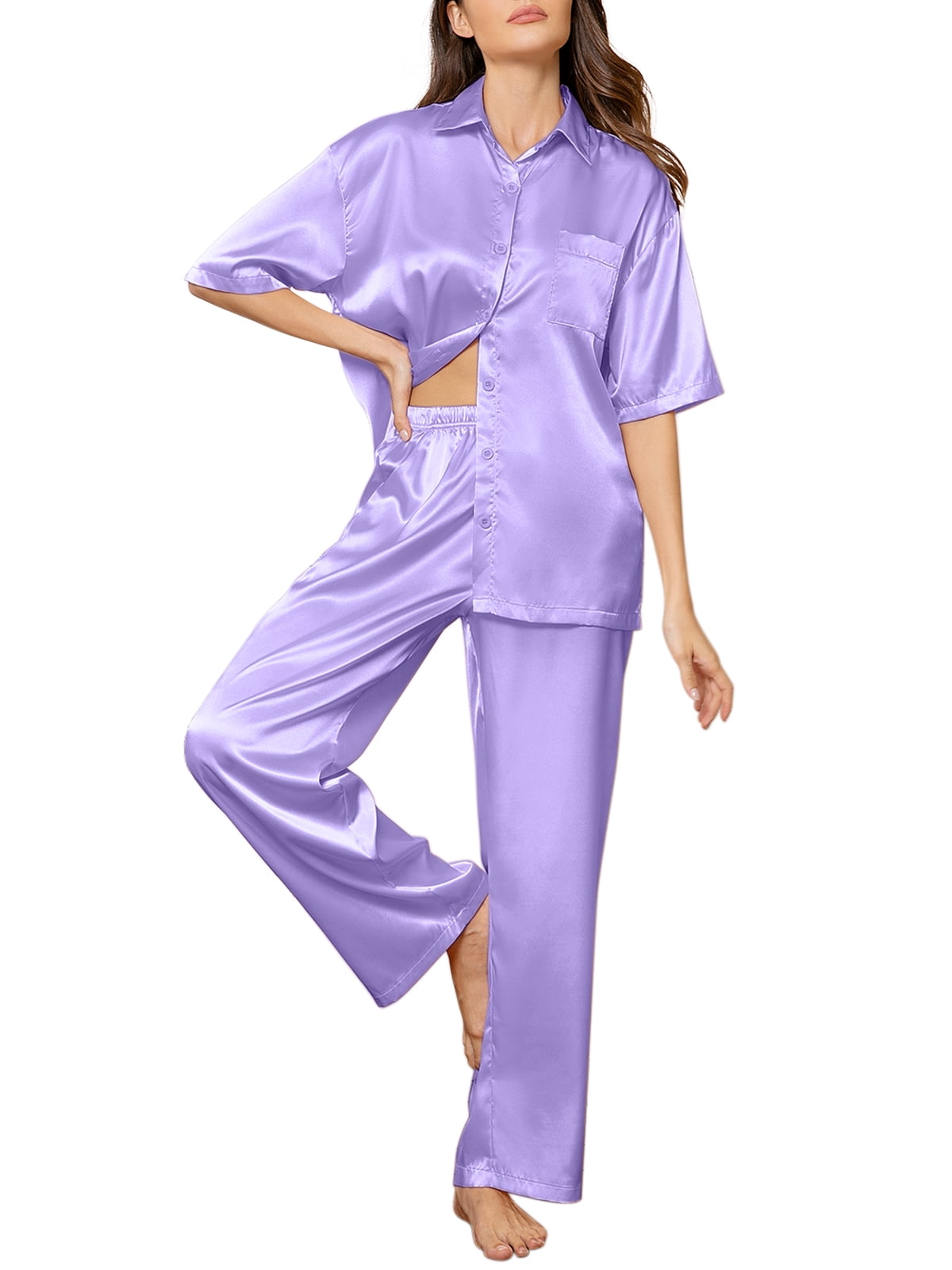 DAKIMOE Womens Satin Silk Pajama Sets Short Sleeve Button Down Pajamas ...
