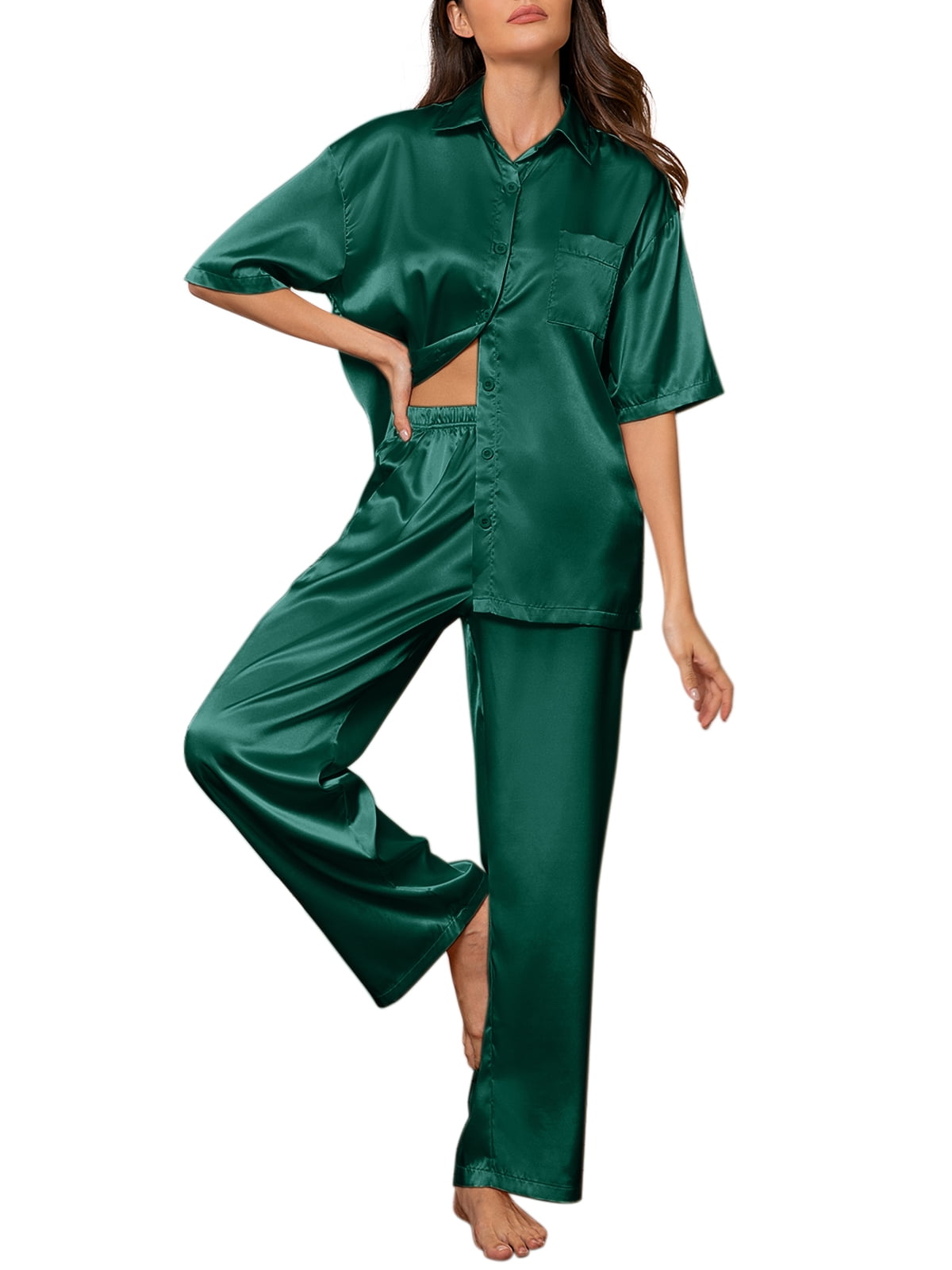 DAKIMOE Womens Satin Silk Pajama Sets Short Sleeve Button Down Pajamas ...
