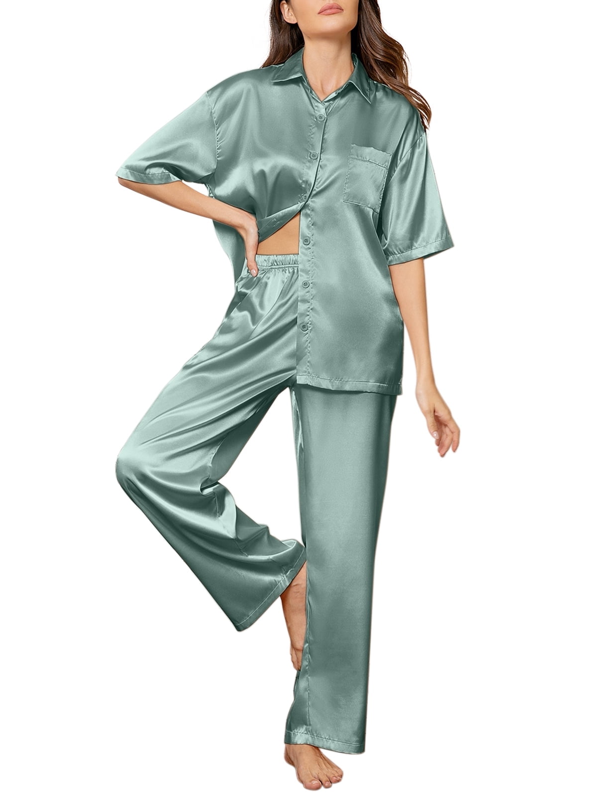 DAKIMOE Womens Satin Silk Pajama Sets Short Sleeve Button Down Pajamas ...