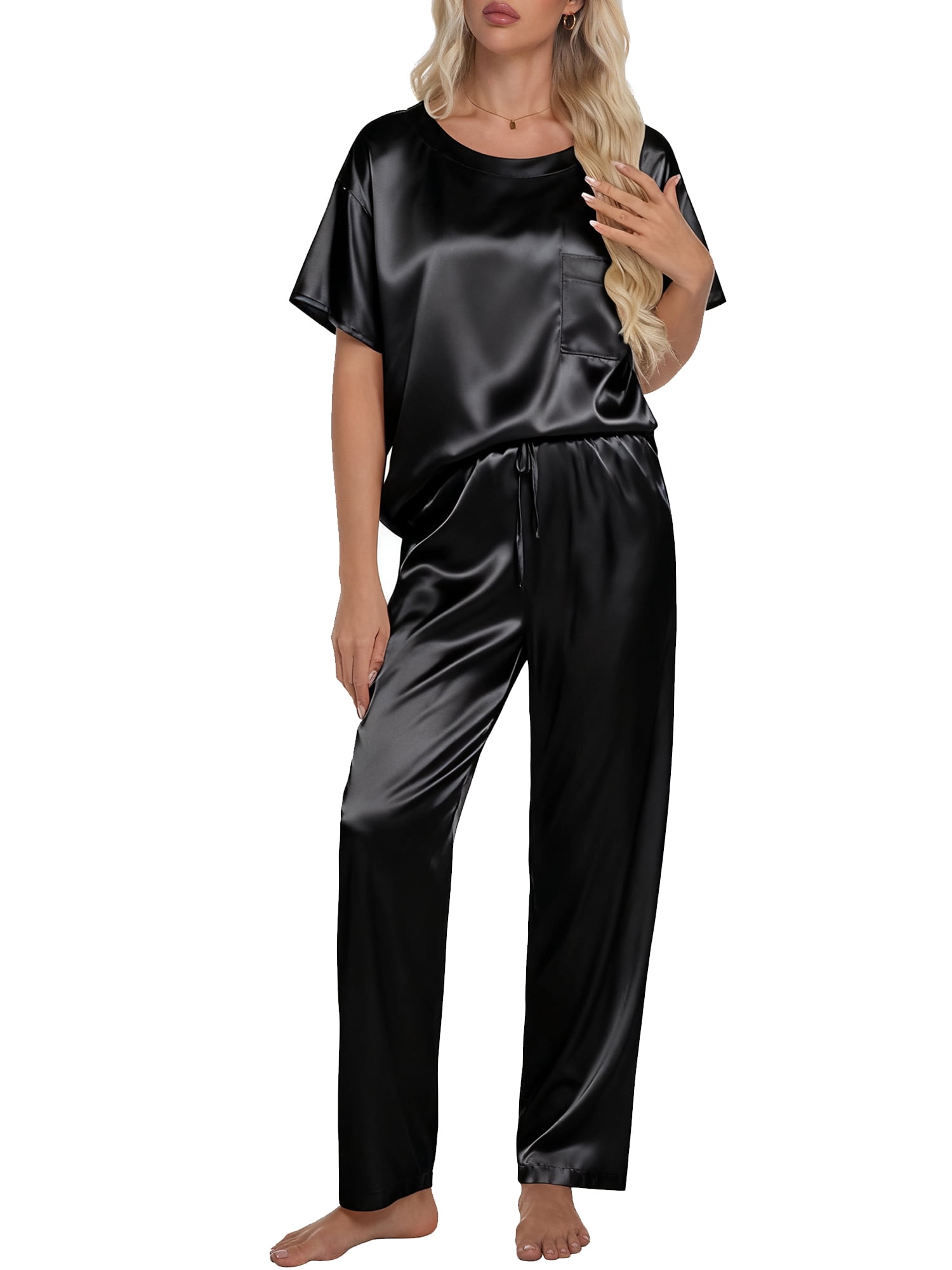 DAKIMOE Women's Short Sleeve Satin Pajama Set, Silk Soft Loungewear ...