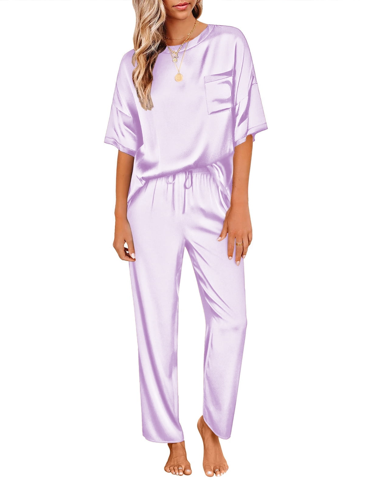 DAKIMOE Womens Silk Satin Pajama Set Short Sleeve Shirt with Long ...