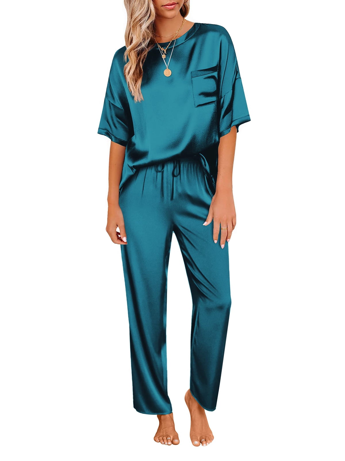 DAKIMOE Women's Satin Short Sleeve Pajama Set with Long Pants, Soft ...