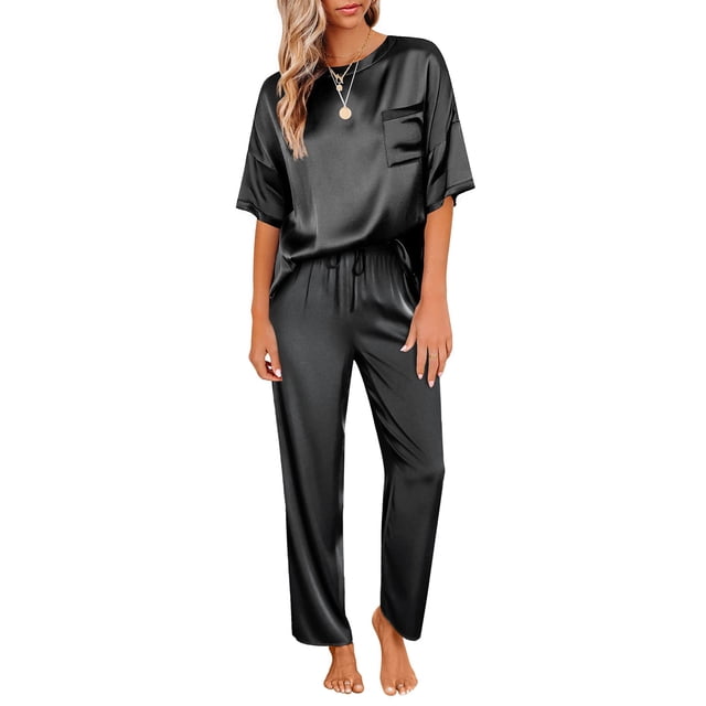 DAKIMOE Women's Short Sleeve Satin Pajama Set, Silk Soft Loungewear ...