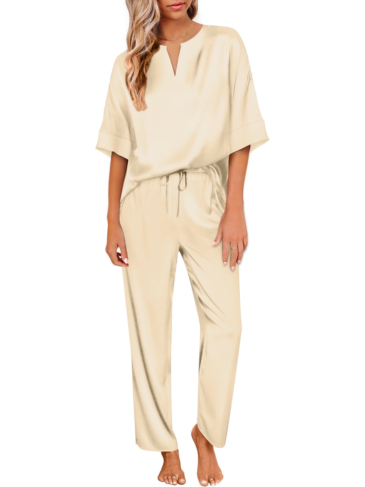 DAKIMOE Womens Silk Satin Pajama Sets Short Sleeve Pjs V Neck Pajamas ...