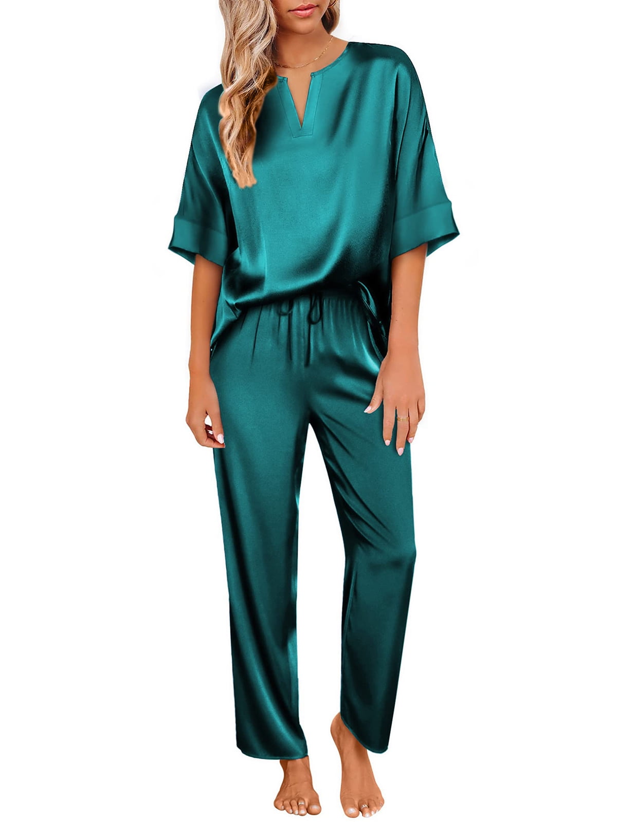 DAKIMOE Womens Silk Satin Pajama Sets Short Sleeve Pjs V Neck Pajamas ...