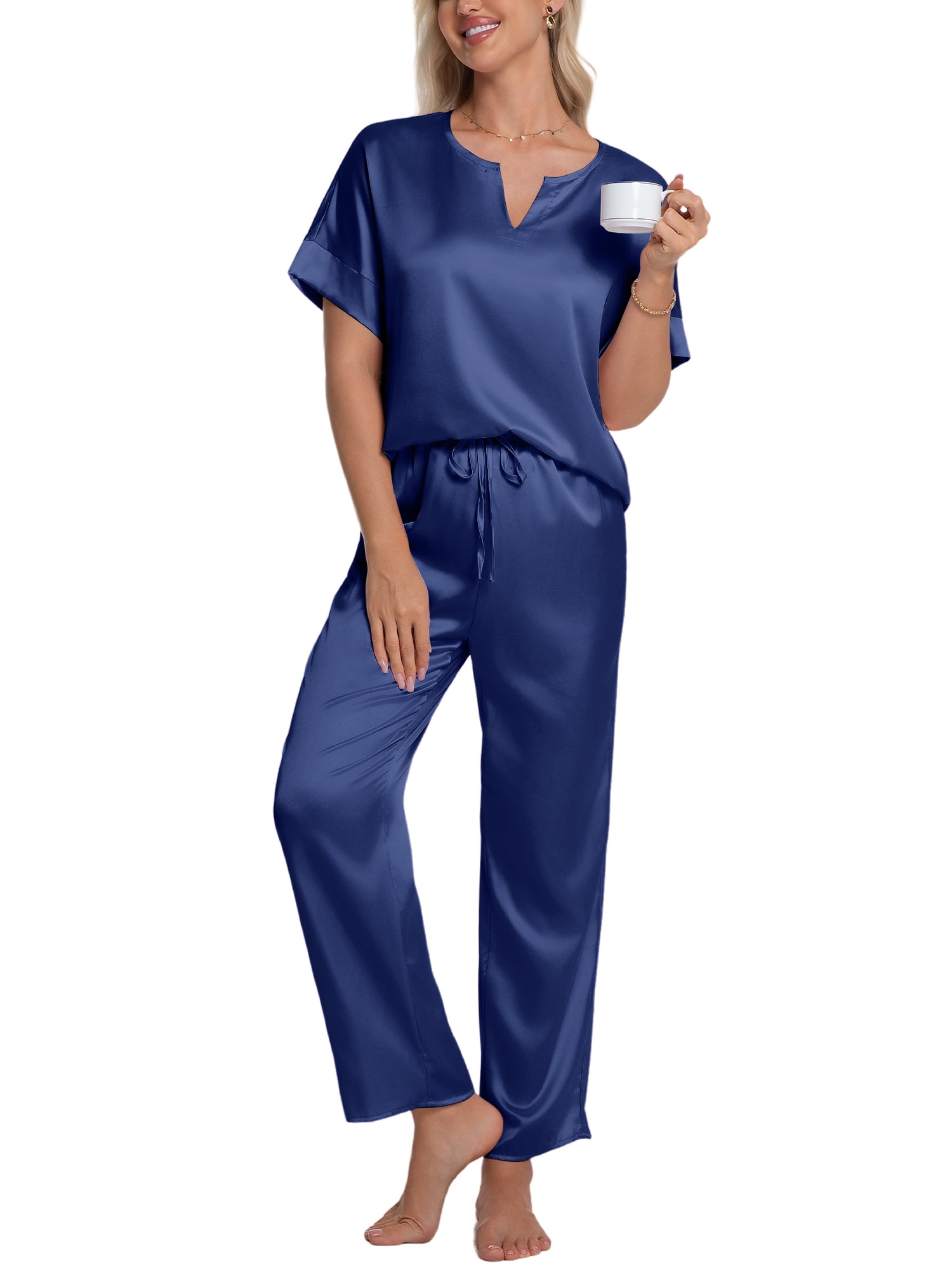 DAKIMOE Womens Silk Satin Pajama Sets Short Sleeve Pjs V Neck Pajamas ...