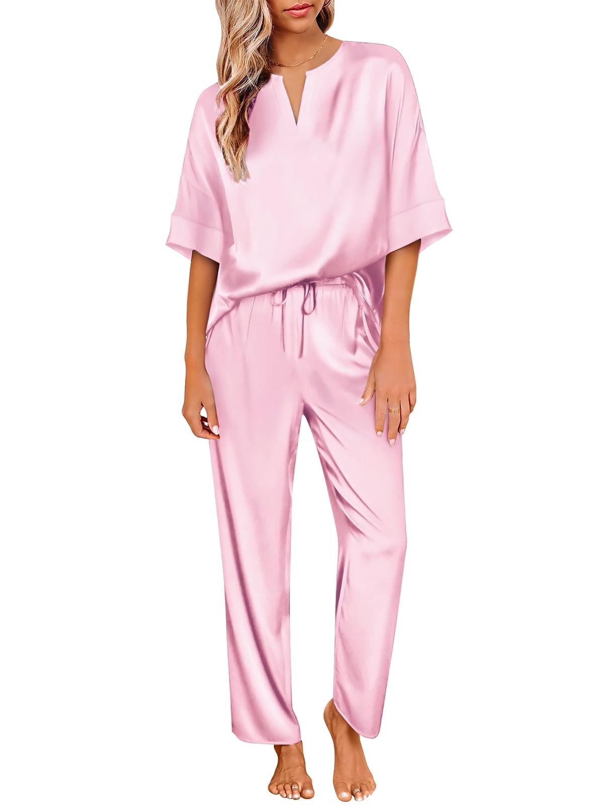 DAKIMOE Womens Silk Satin Pajama Sets Short Sleeve Pjs V Neck Pajamas ...
