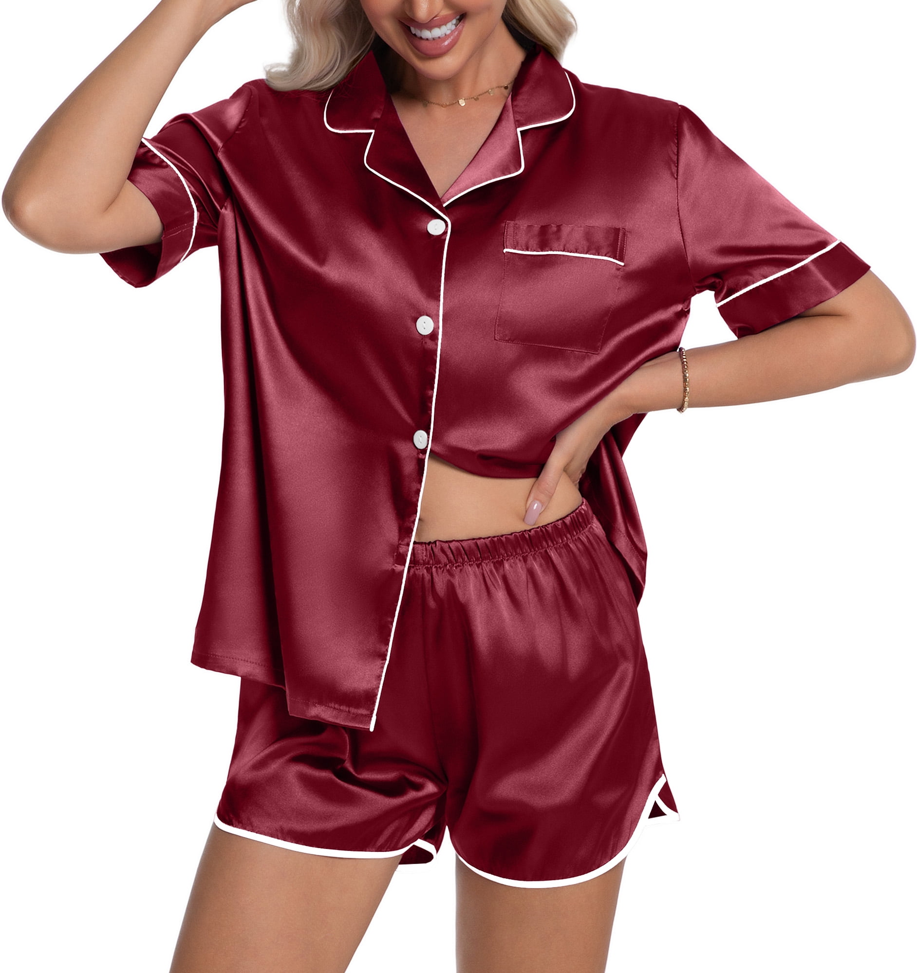 DAKIMOE Womens Silk Satin Pajamas Short Sleeve Loungewear Two-Piece ...
