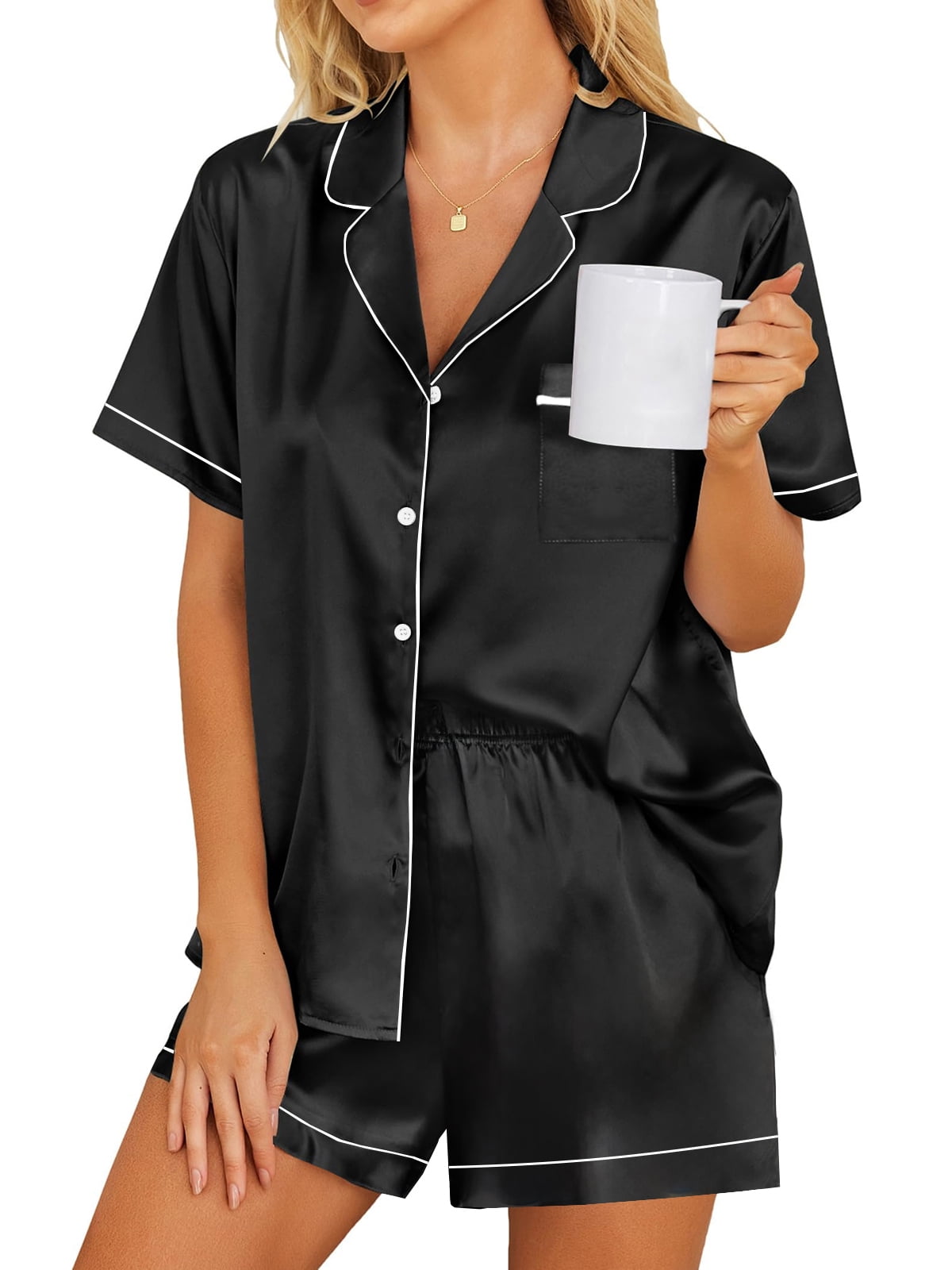 DAKIMOE Womens Silky Satin Pajama Set Short Sleeve Shirt with Shorts 2 ...
