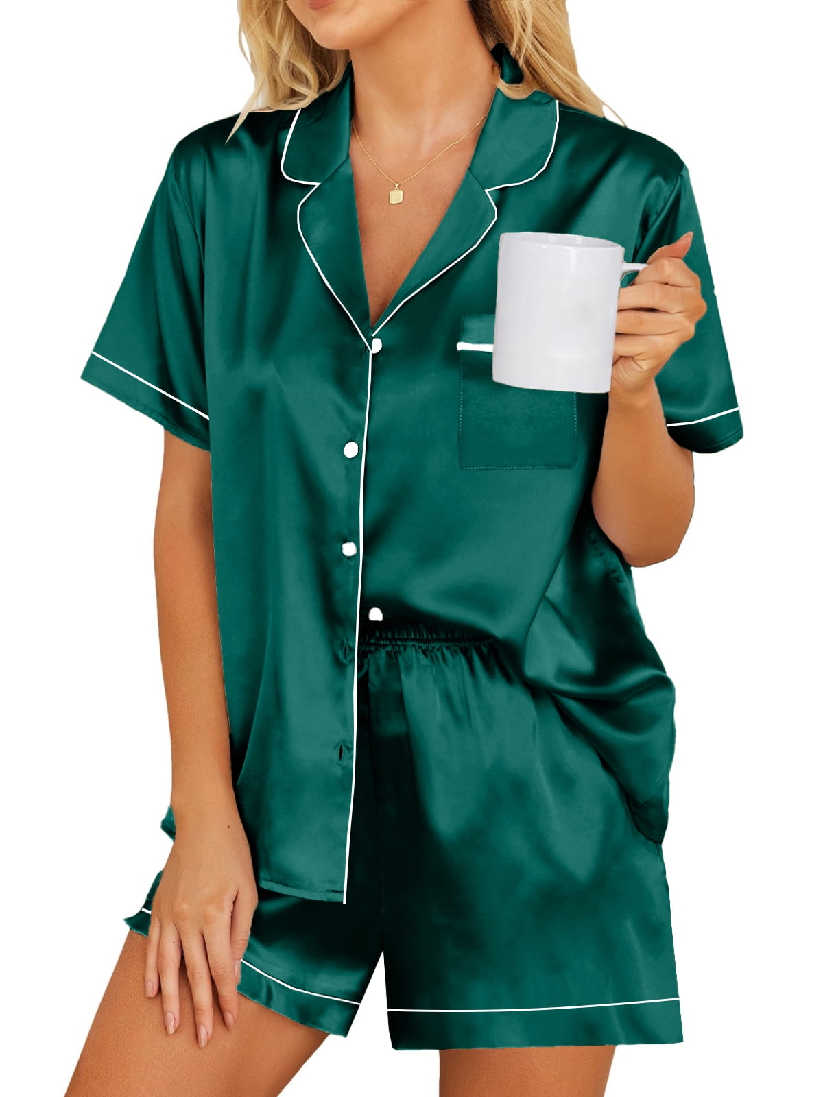 DAKIMOE Womens Silky Satin Pajama Set Short Sleeve Shirt with Shorts 2 ...