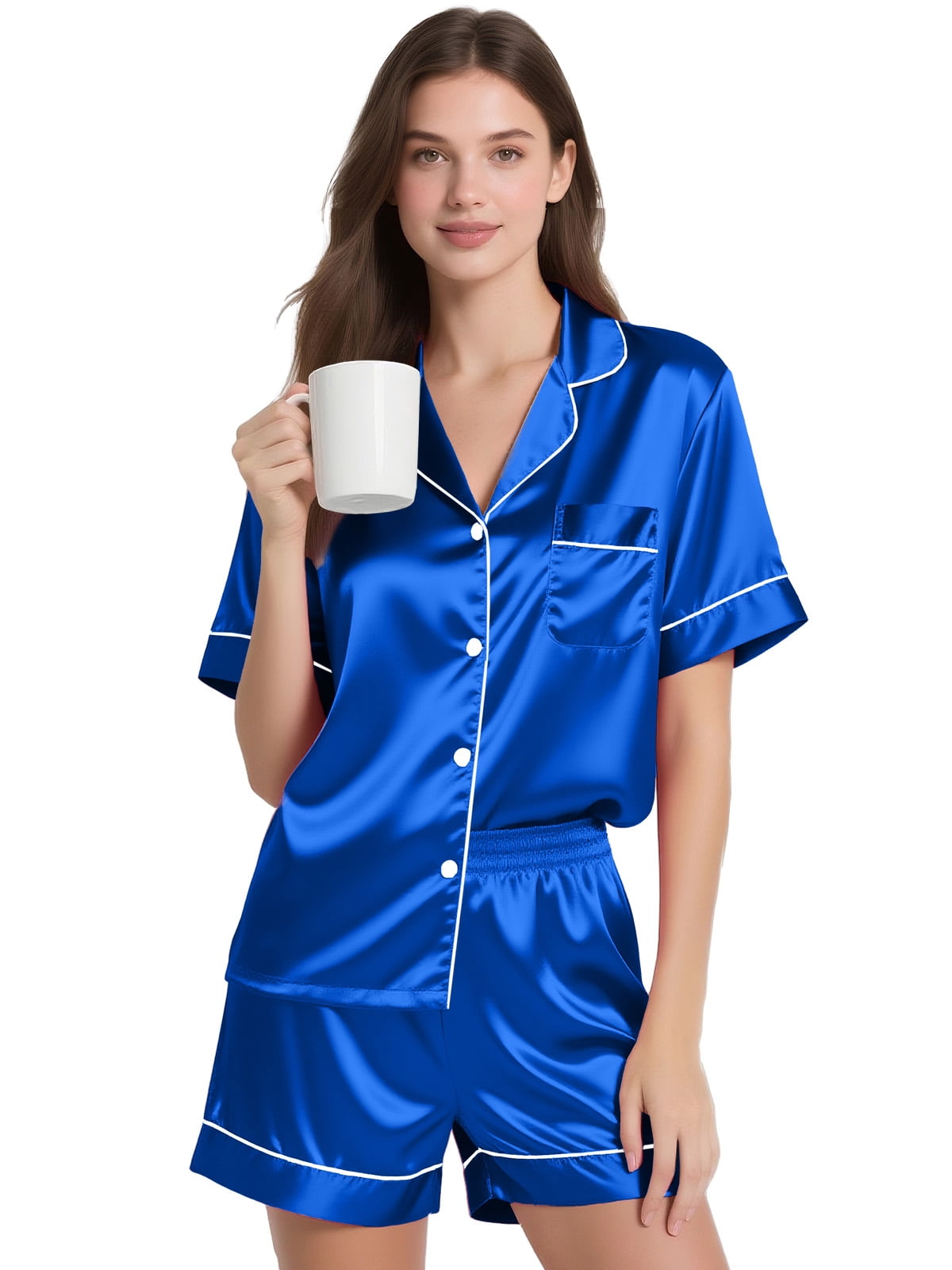 DAKIMOE Womens Satin Pajama Set, Short Sleeve Shirt and Elastic Waist ...