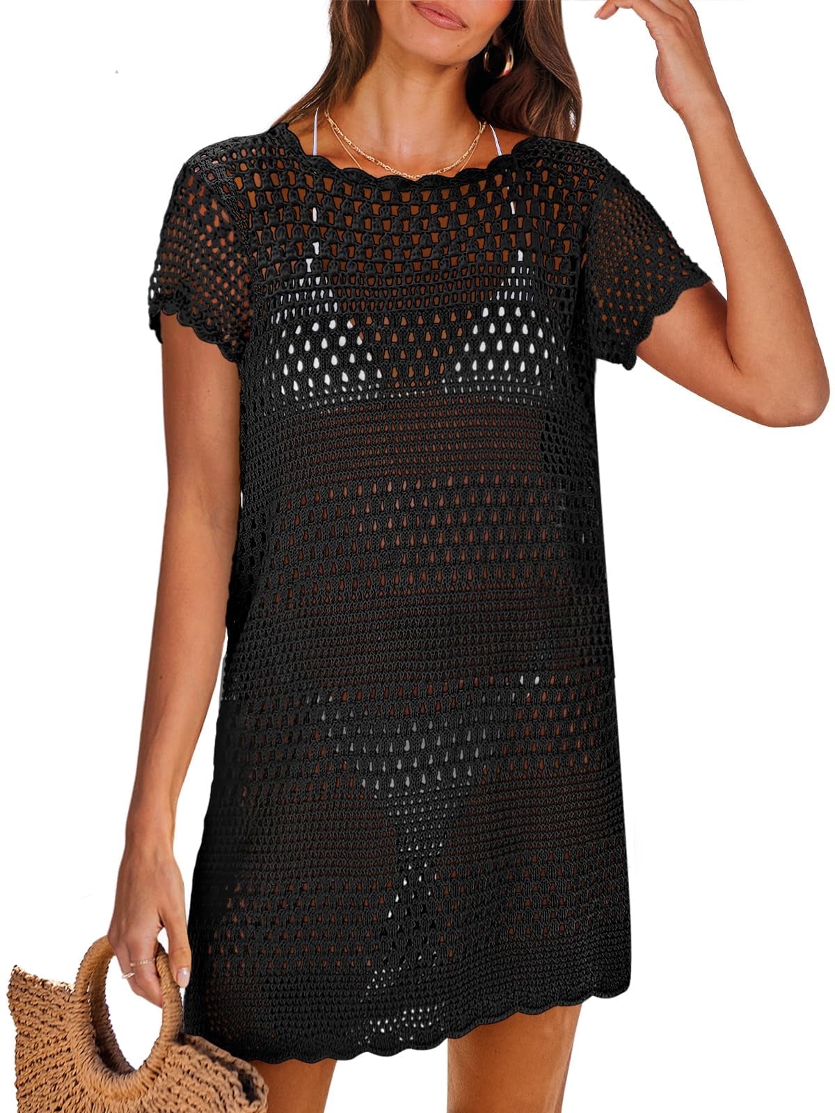 DAKIMOE Women Swimsuit Cover Up, Crochet Mesh Beach Dress, Sheer Short ...